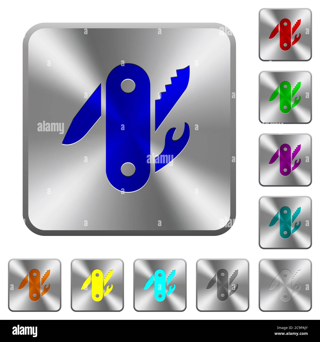 Swiss army knife engraved icons on rounded square glossy steel buttons ...