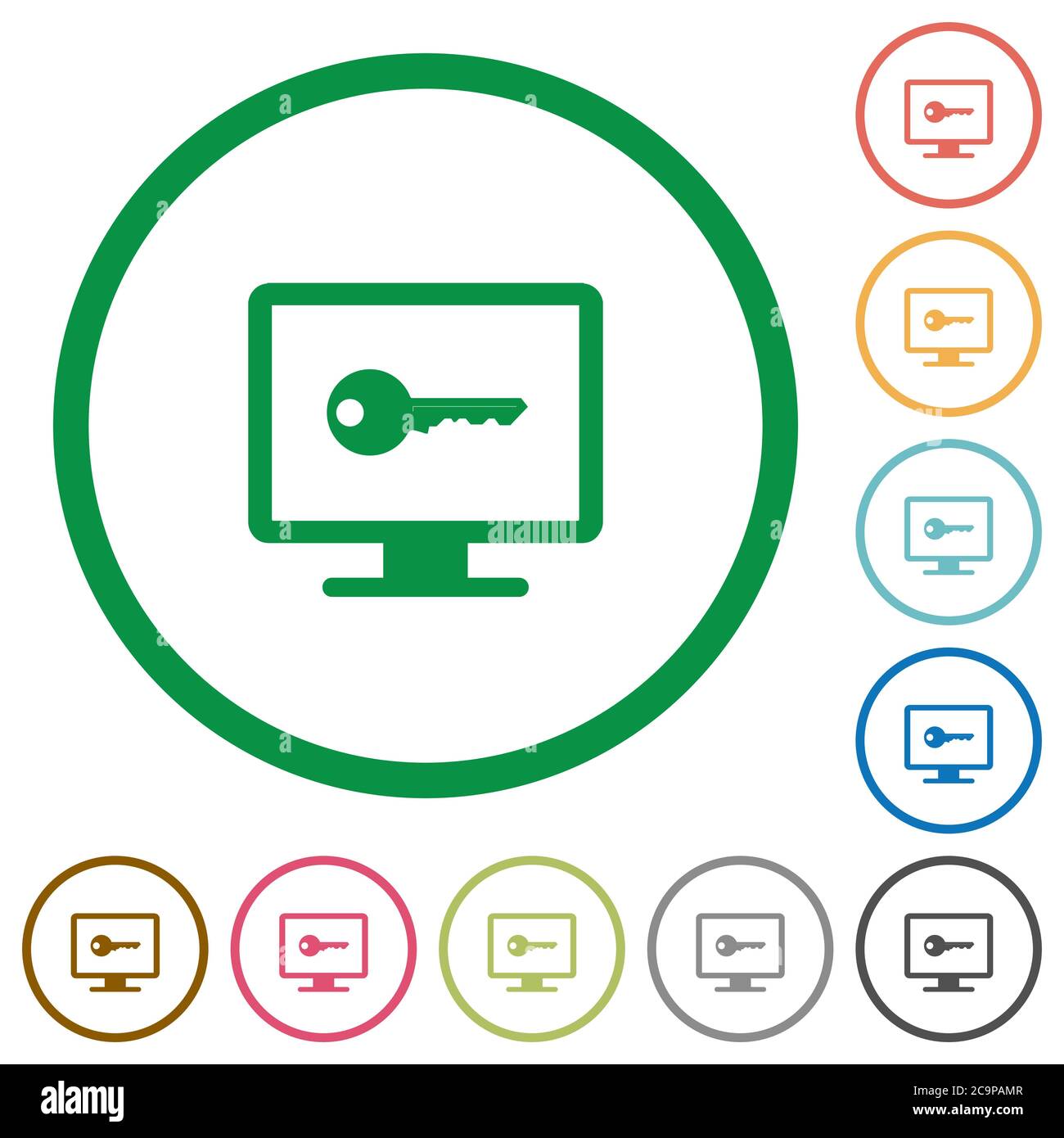 Secure desktop flat color icons in round outlines on white background ...