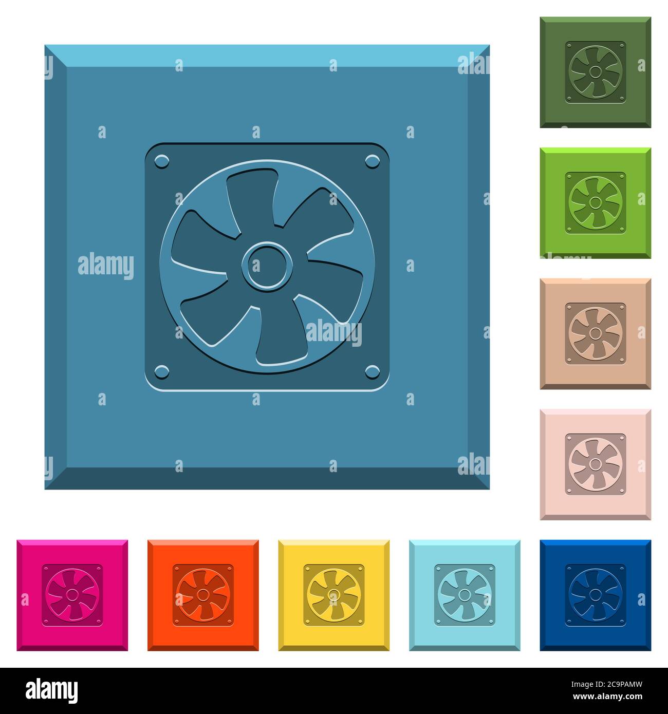Computer fan engraved icons on edged square buttons in various trendy ...