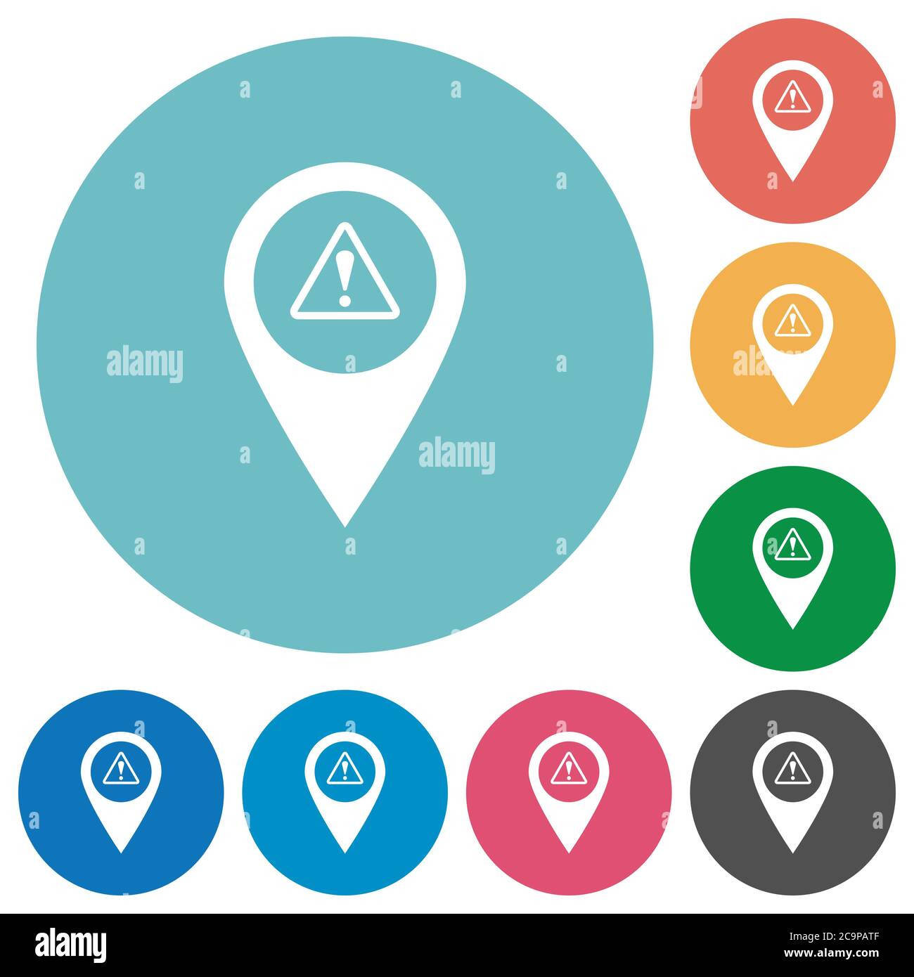 GPS map location warning flat white icons on round color backgrounds ...