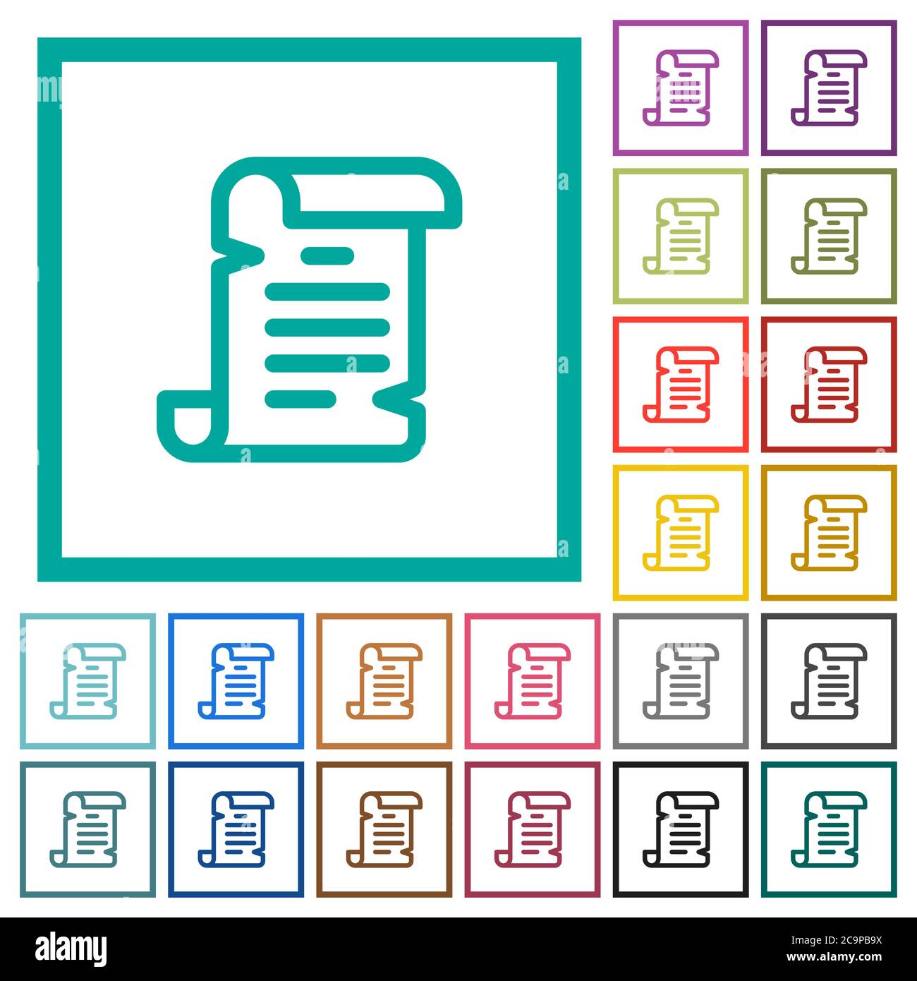 Paper scroll flat color icons with quadrant frames on white background ...