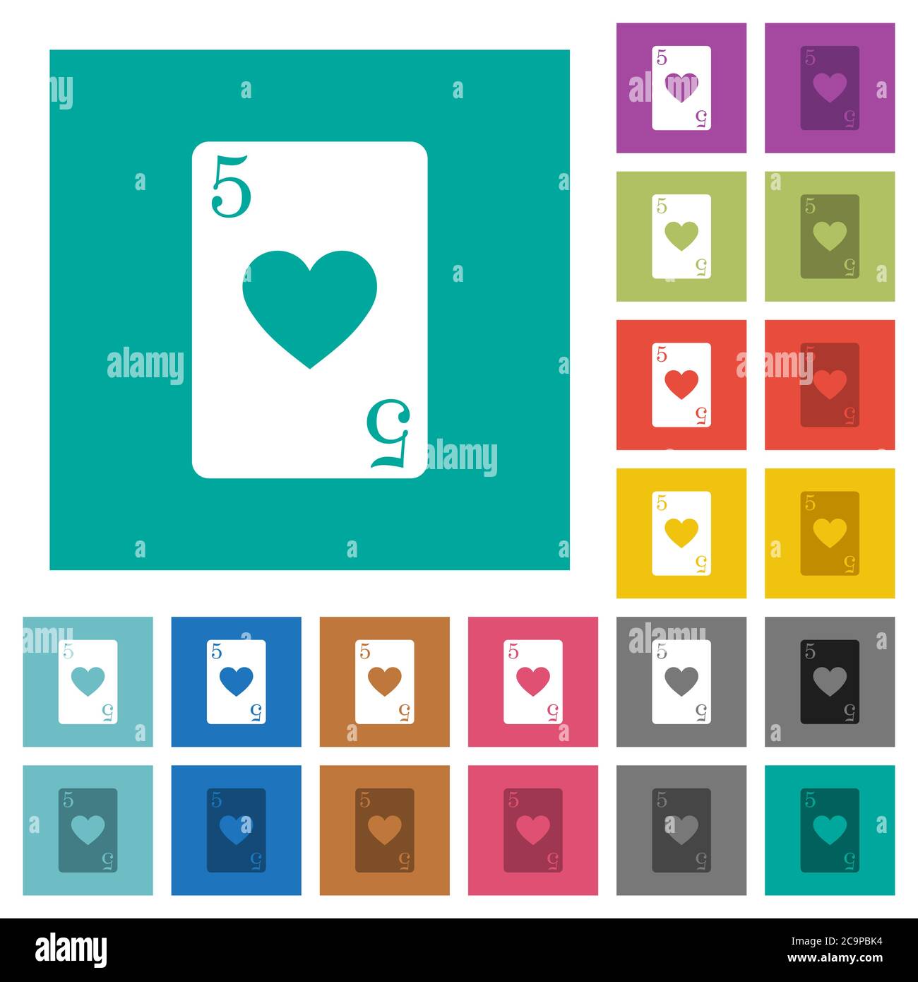 Five of hearts card multi colored flat icons on plain square ...