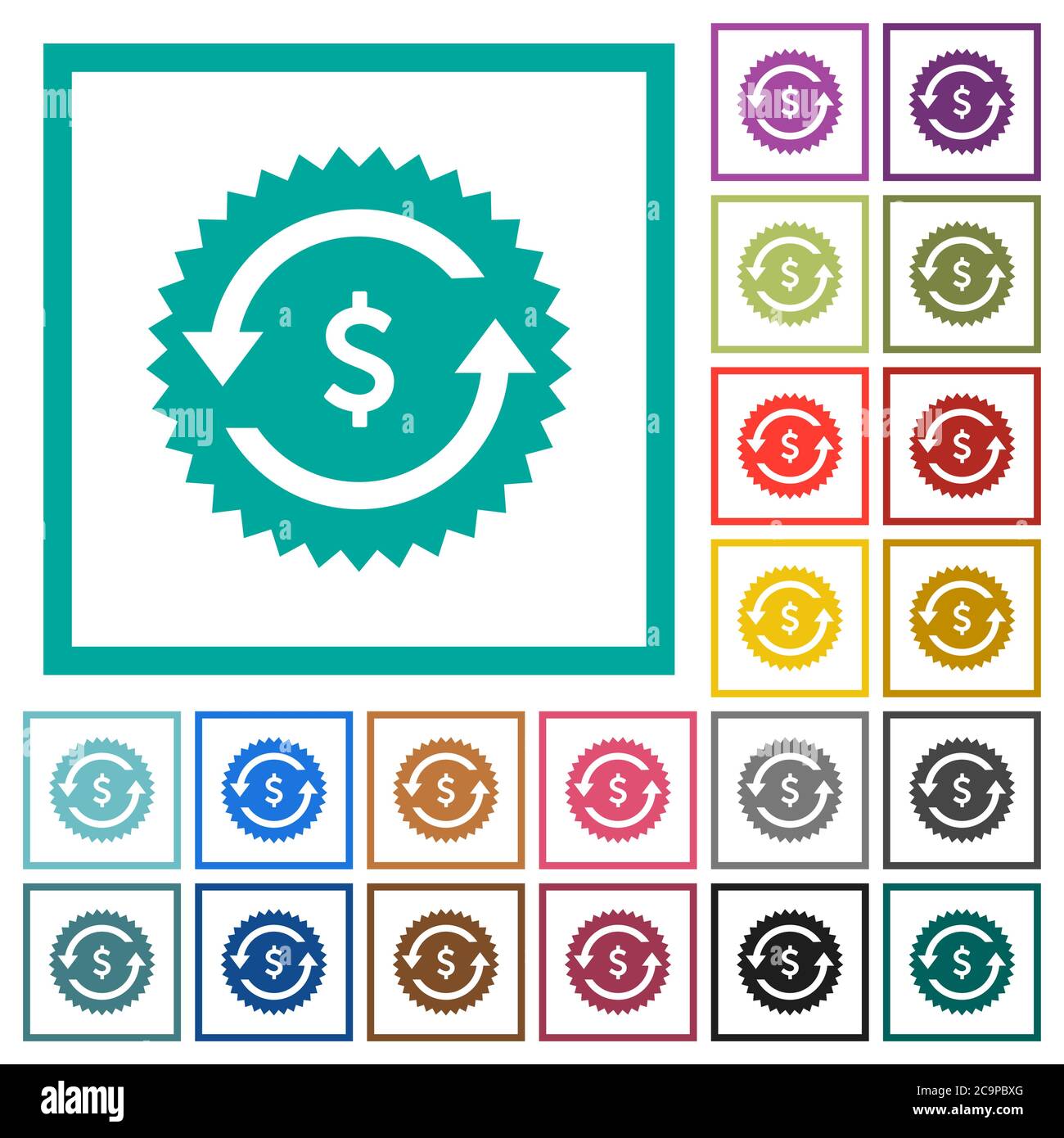 Dollar pay back guarantee sticker flat color icons with quadrant frames ...