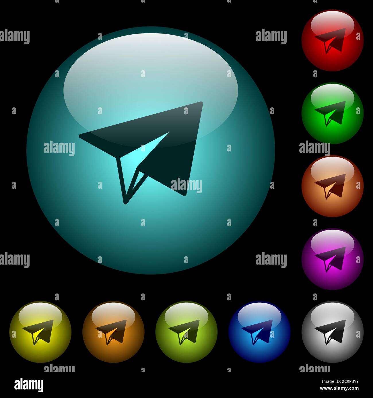 Paper plane icons in color illuminated spherical glass buttons on black ...