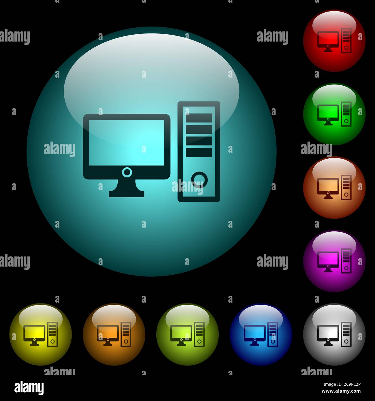 Desktop computer icons in color illuminated spherical glass buttons on ...