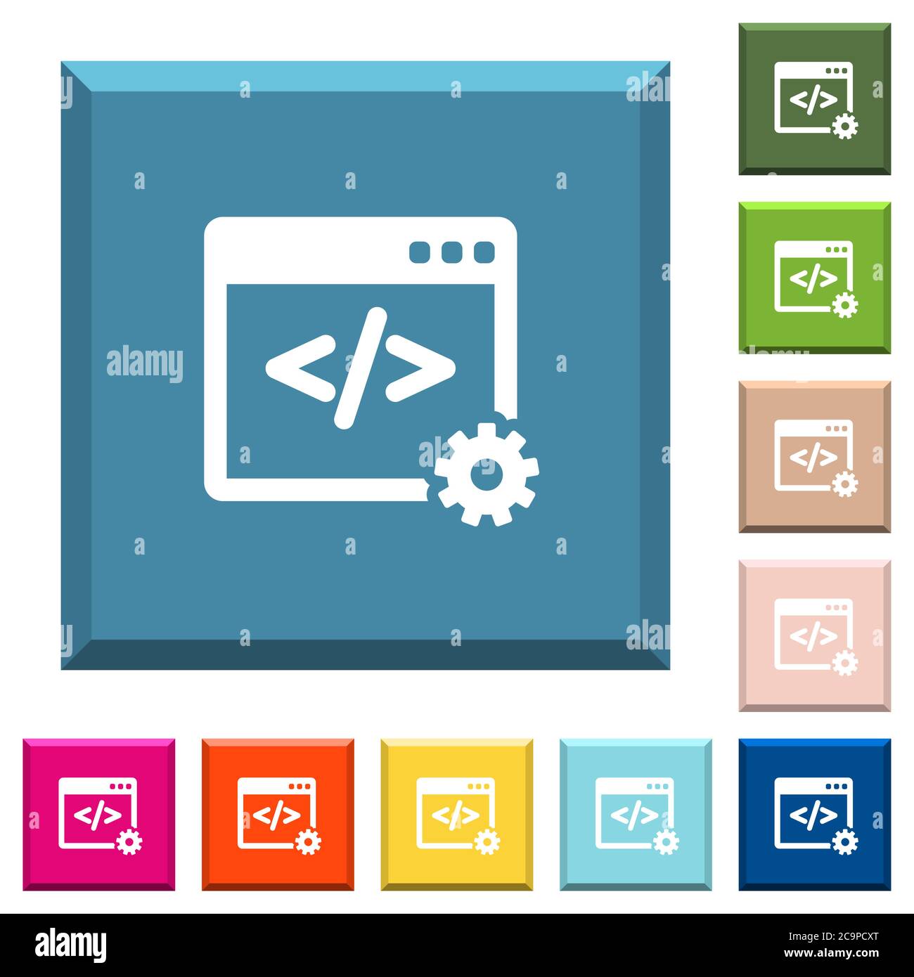 Web development white icons on edged square buttons in various trendy ...