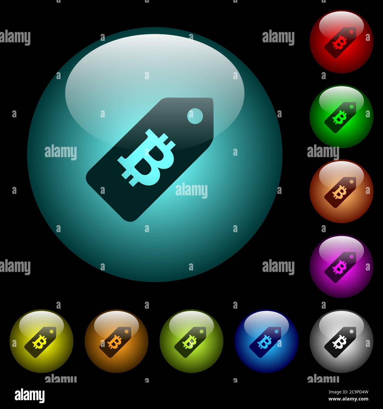 Bitcoin price label icons in color illuminated spherical glass buttons ...