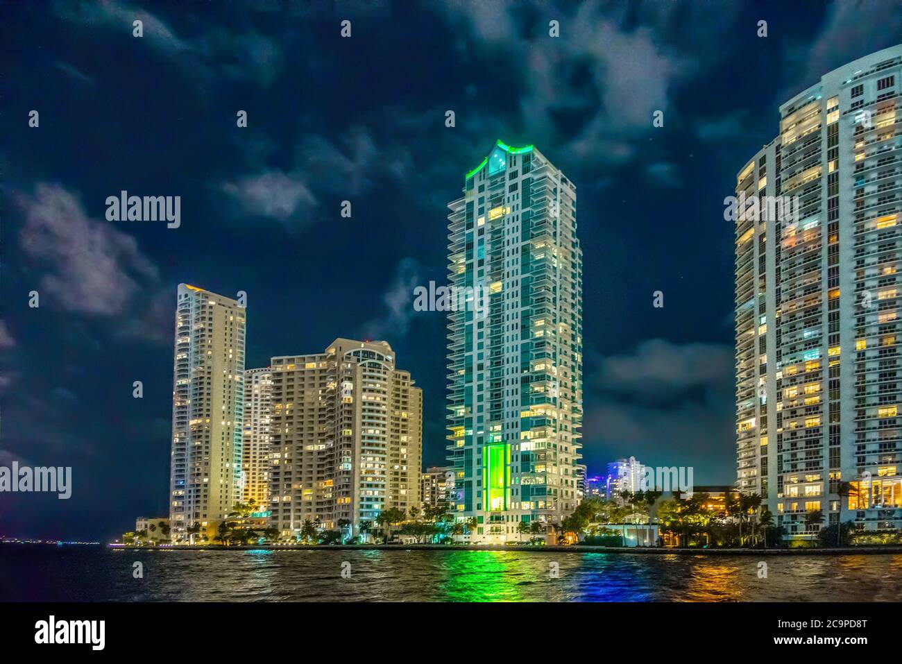 Skyscrapers in Miami Riverwalk at night. Southern Florida, USA Stock ...
