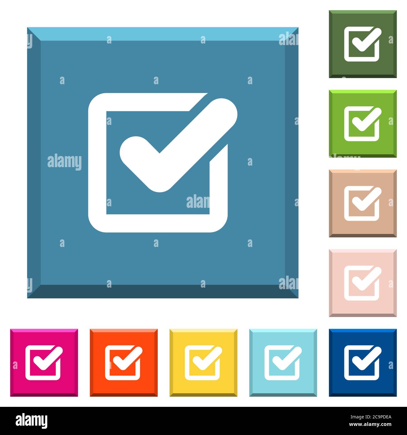 Checkbox white icons on edged square buttons in various trendy colors ...