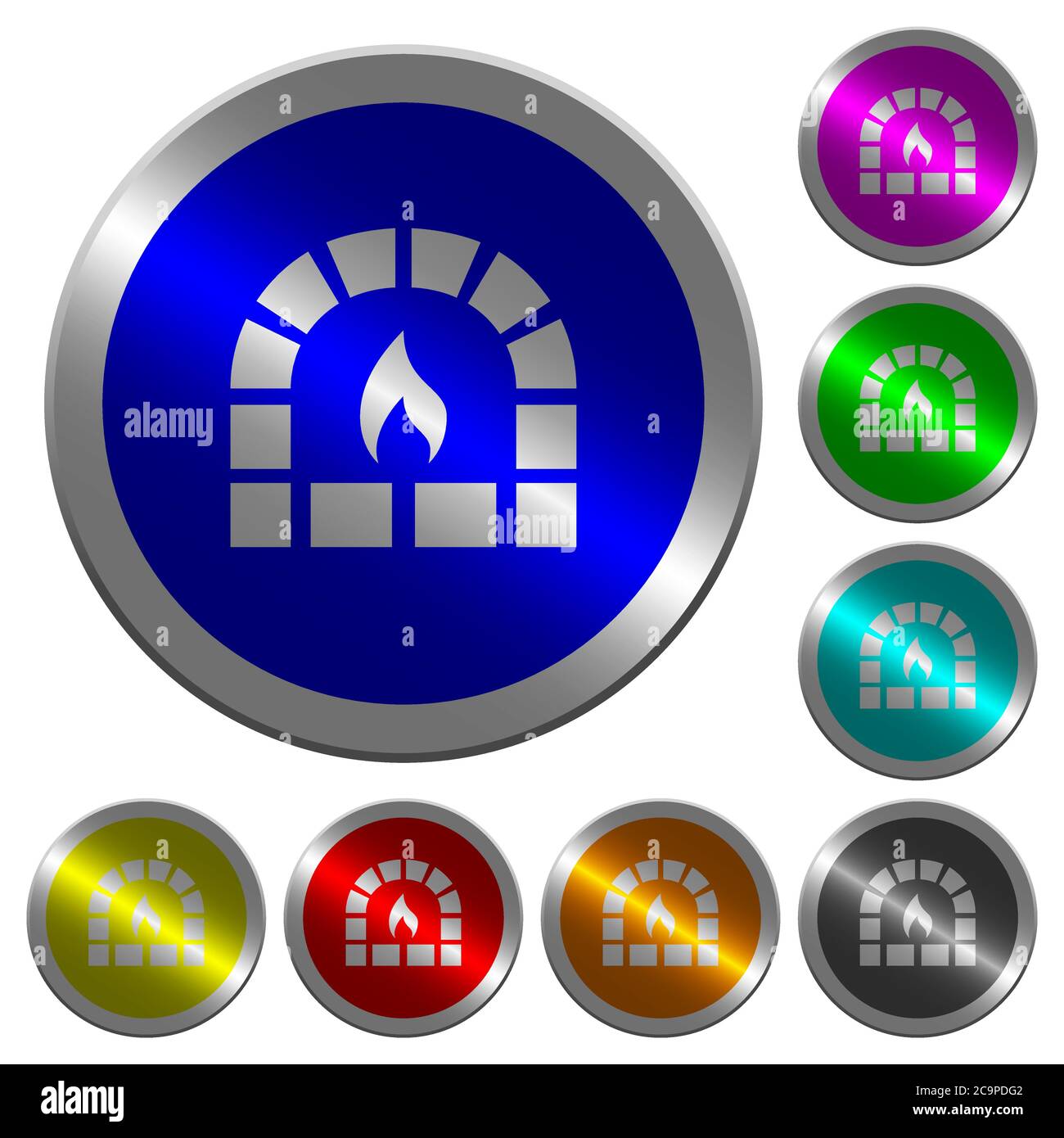 Stone oven icons on round luminous coin-like color steel buttons Stock ...