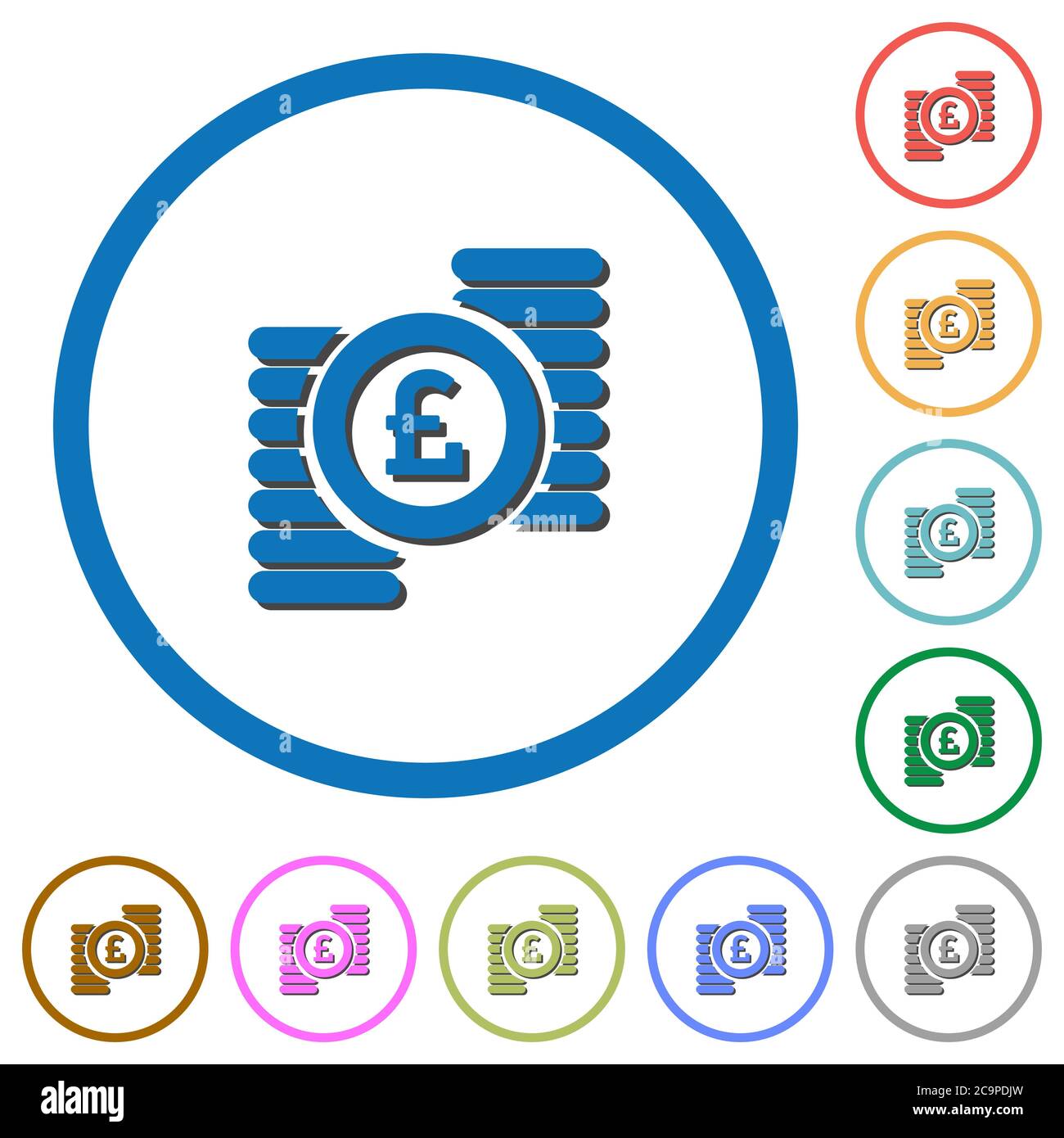 Pound coins flat color vector icons with shadows in round outlines on ...