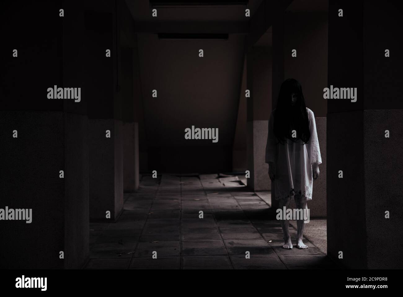 Horror woman ghost creepy standing at the house, halloween day concept ...