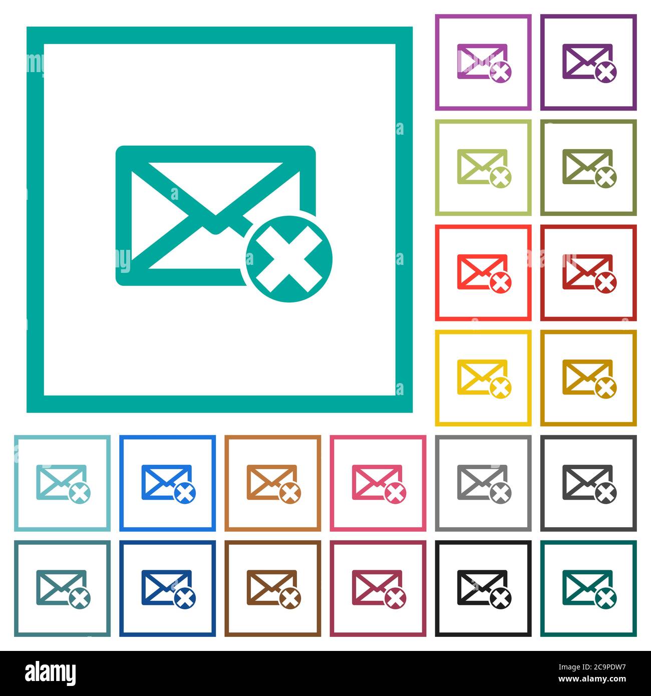 Delete mail flat color icons with quadrant frames on white background ...