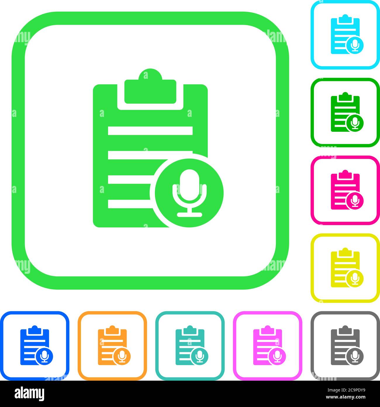 Voice note vivid colored flat icons in curved borders on white ...