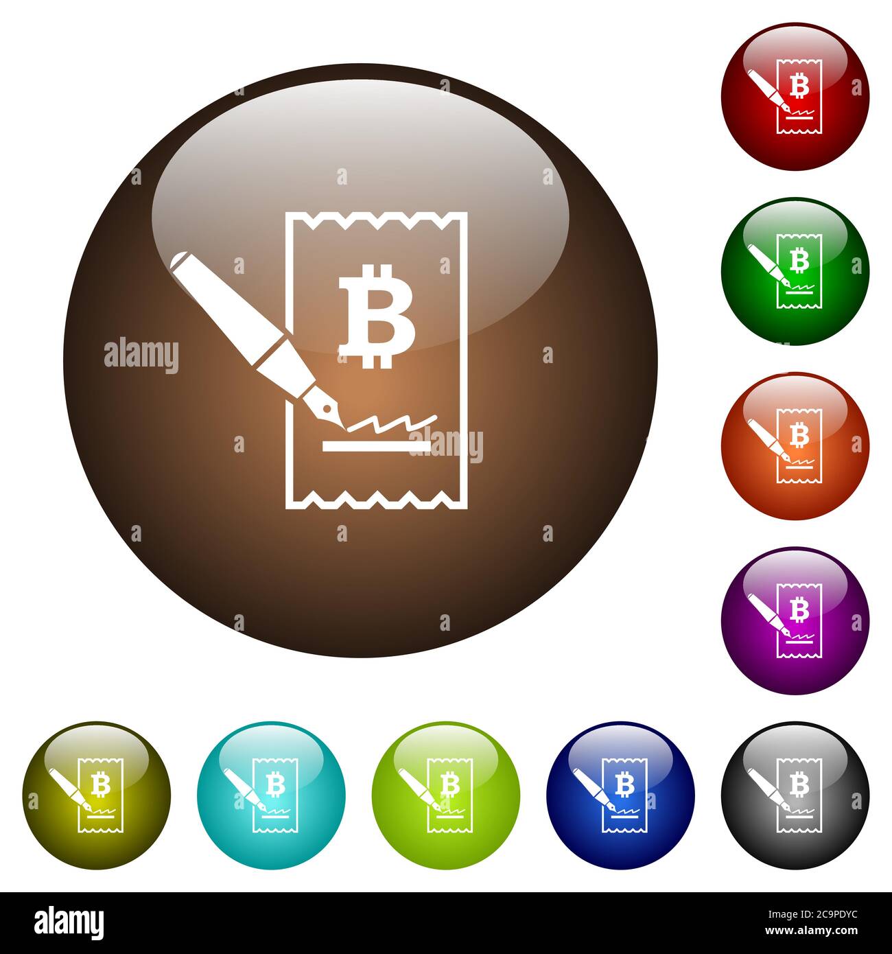 Signing Bitcoin cheque white icons on round color glass buttons Stock ...