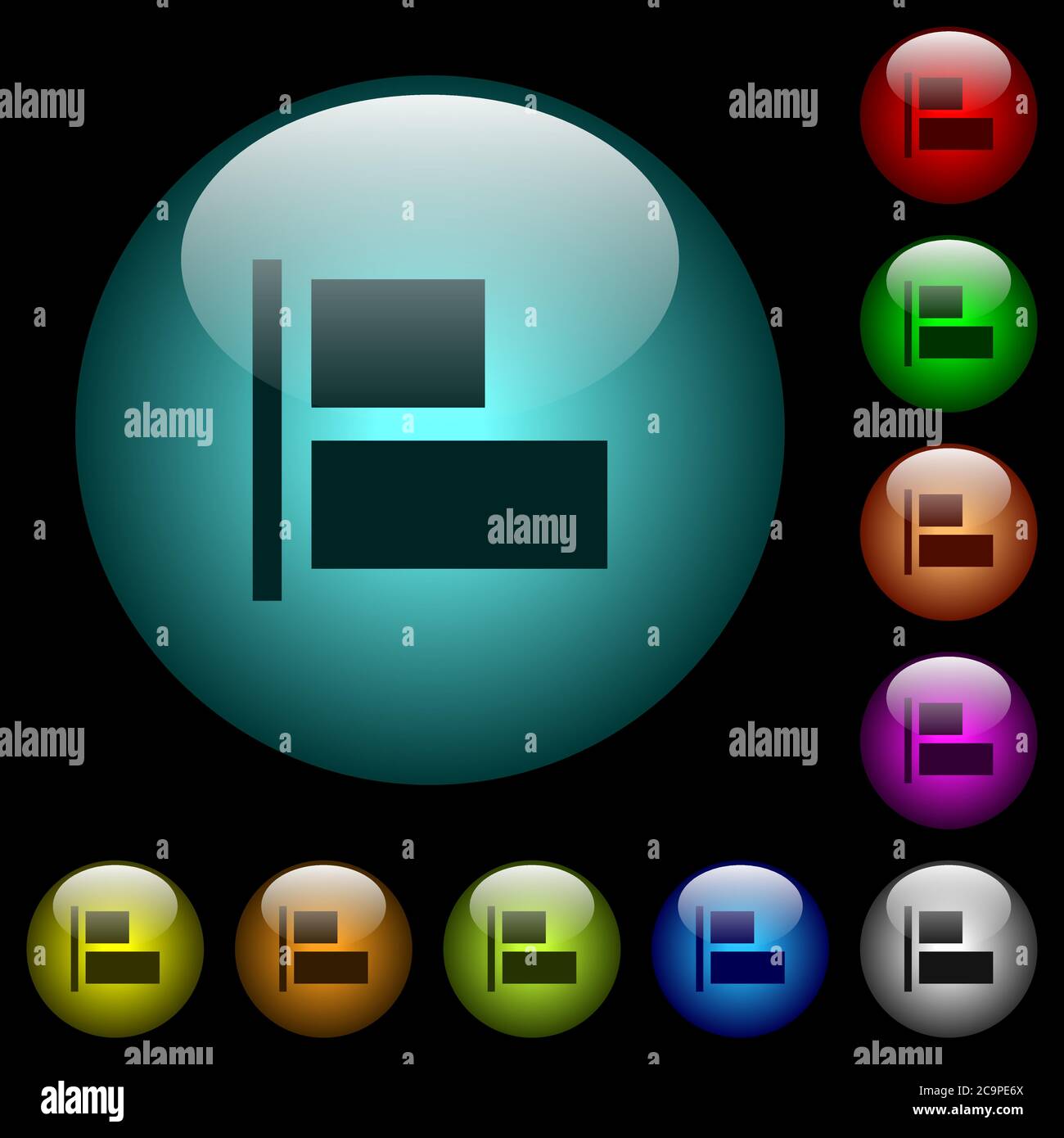 Align to left icons in color illuminated spherical glass buttons on black background. Can be ...