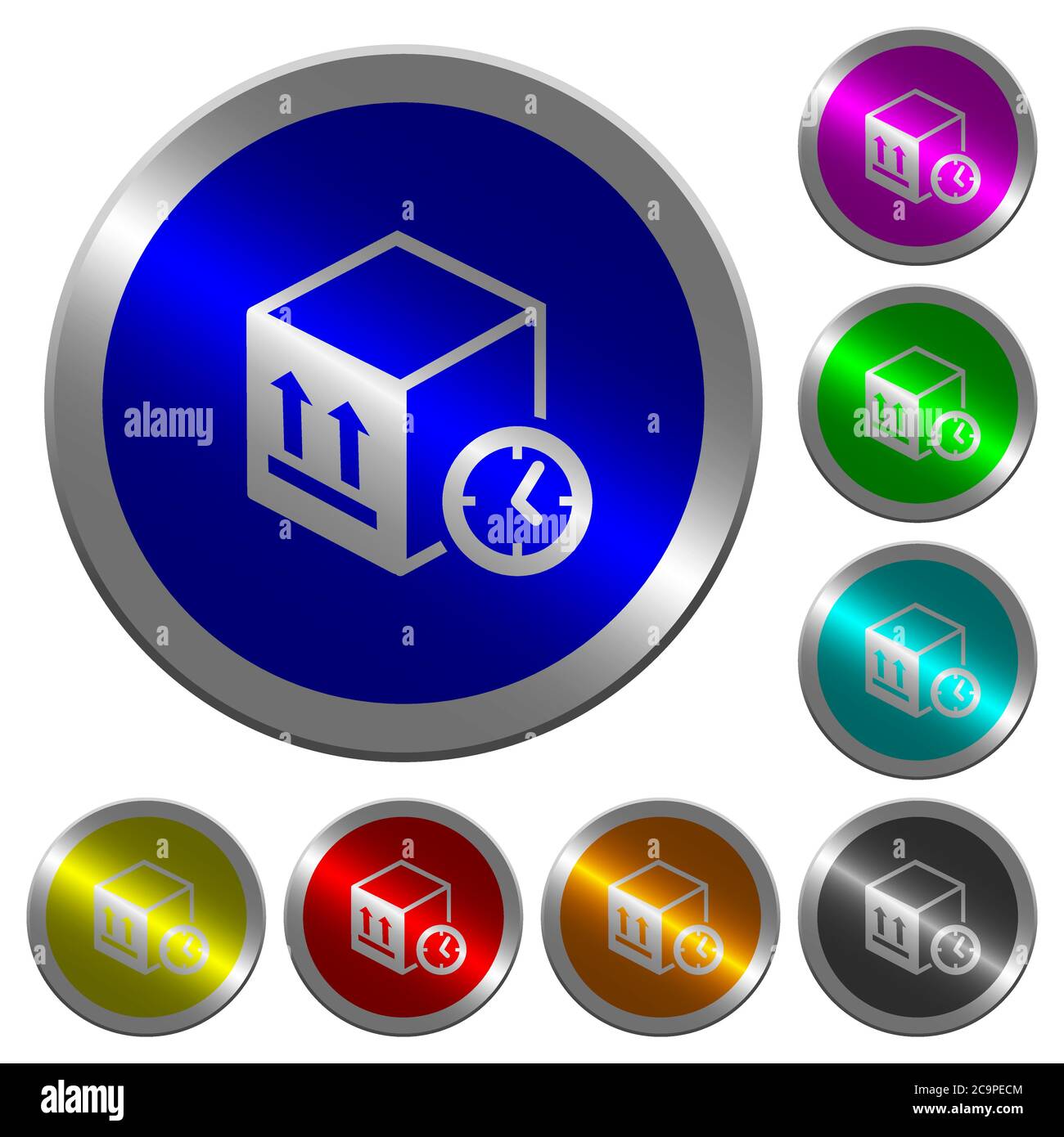 Package shipping time icons on round luminous coin-like color steel ...