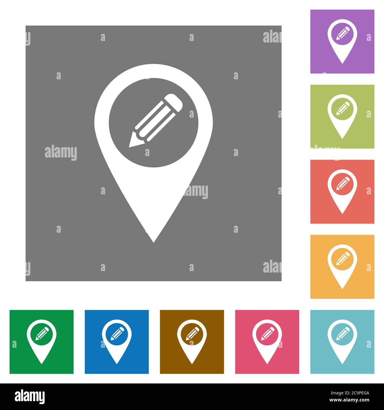 Edit GPS map location flat icons on simple color square backgrounds ...