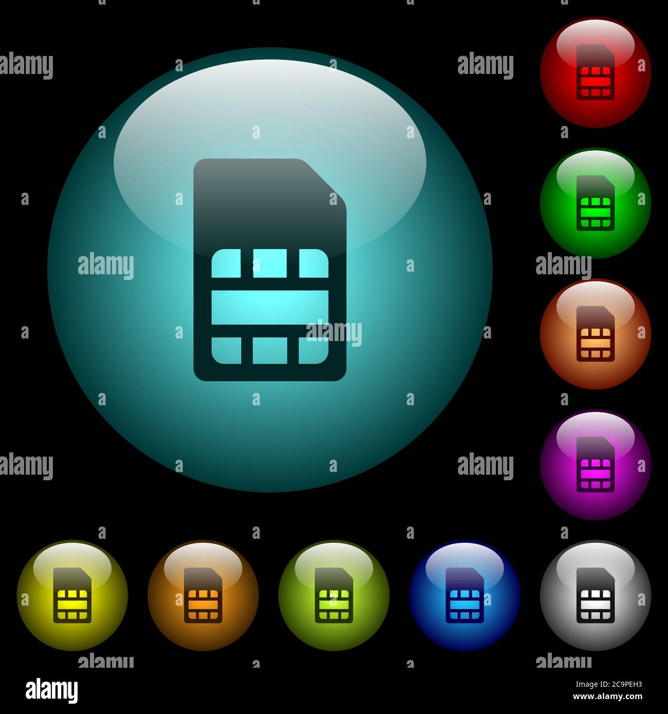 SIM card icons in color illuminated spherical glass buttons on black ...