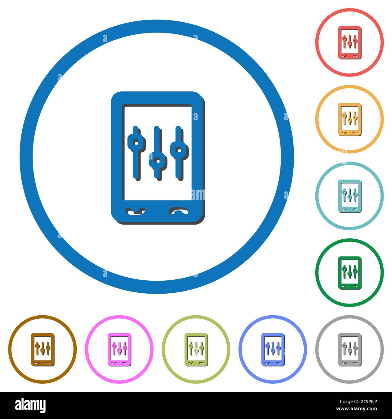Mobile tweaking flat color vector icons with shadows in round outlines ...