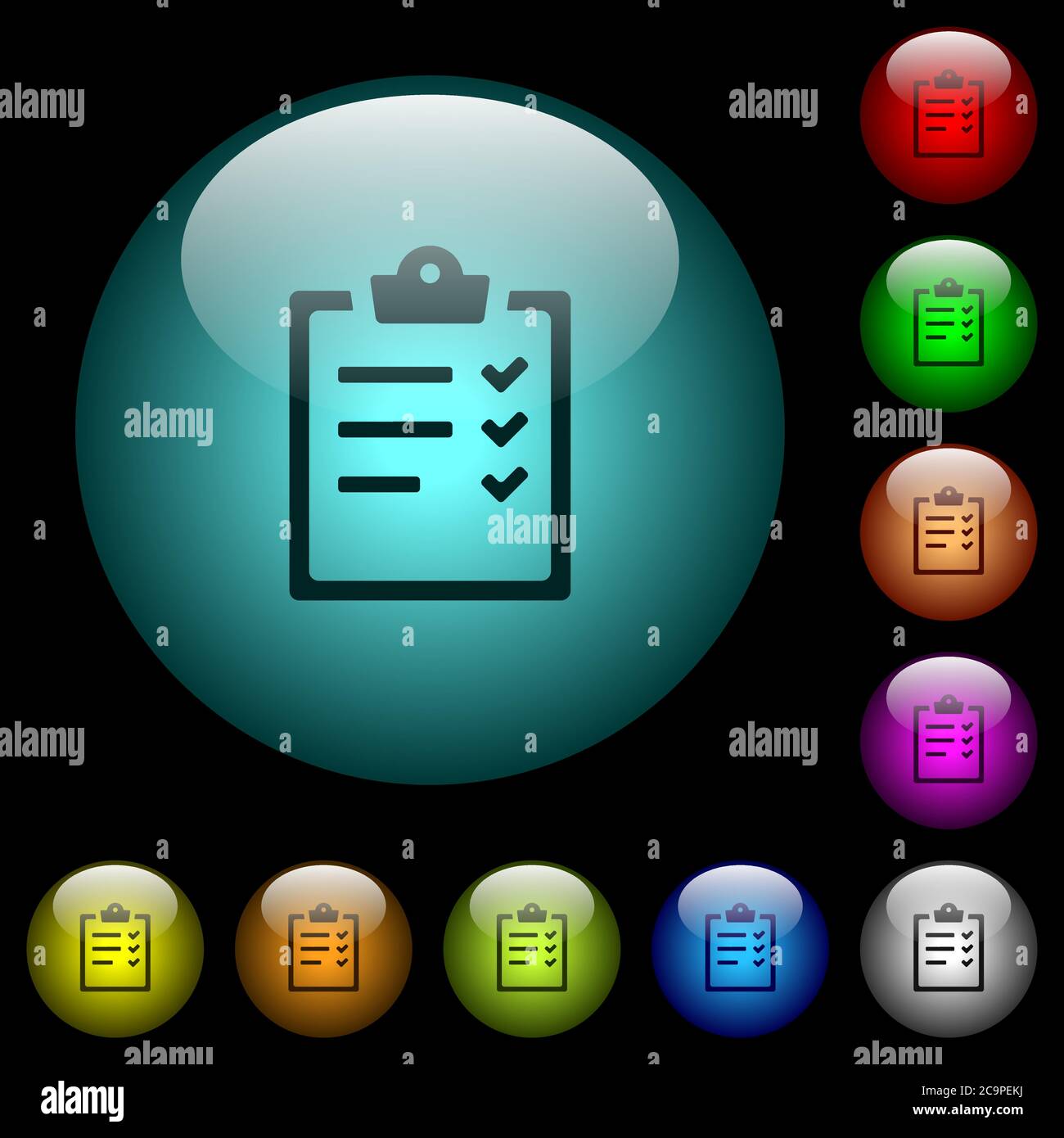 Task list icons in color illuminated spherical glass buttons on black ...