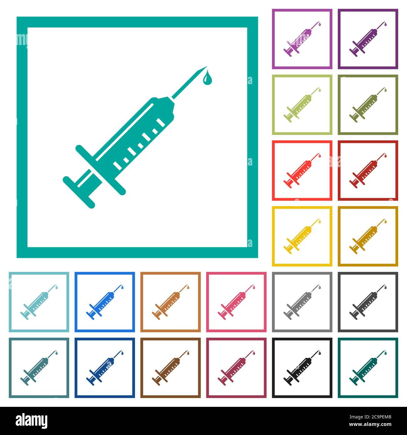 Syringe with drop flat color icons with quadrant frames on white ...
