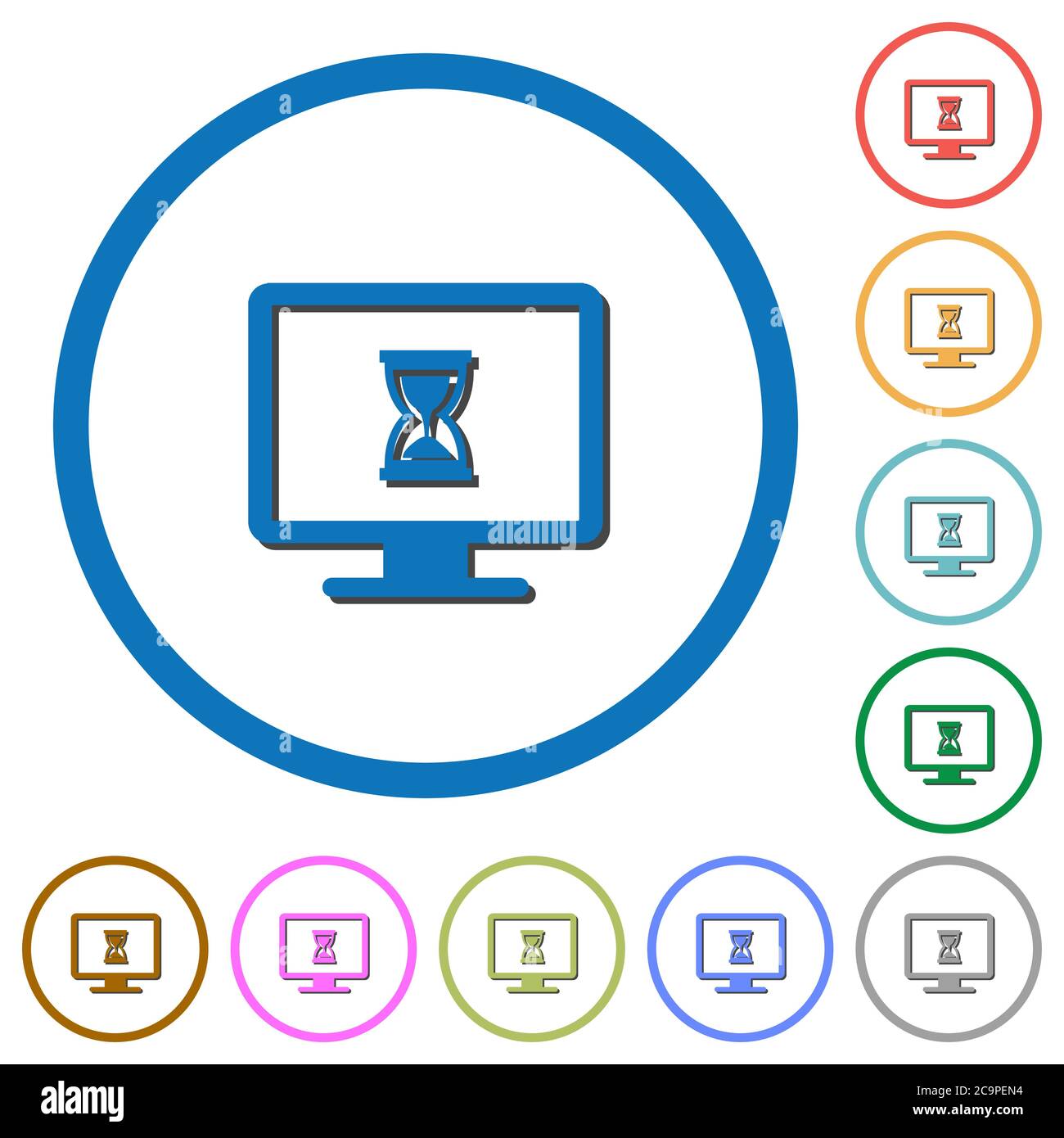 Busy computer flat color vector icons with shadows in round outlines on ...