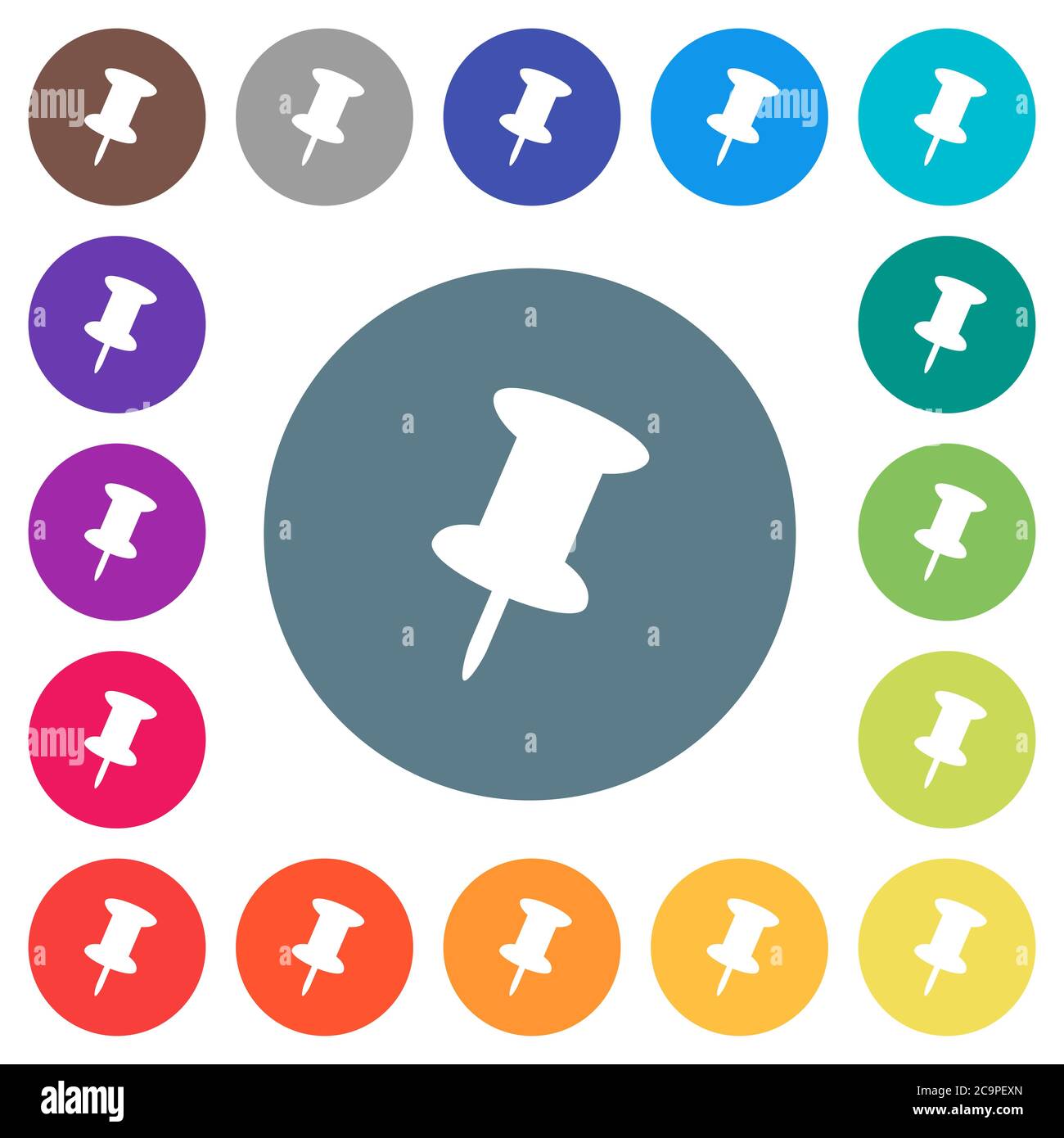 Push pin flat white icons on round color backgrounds. 17 background ...