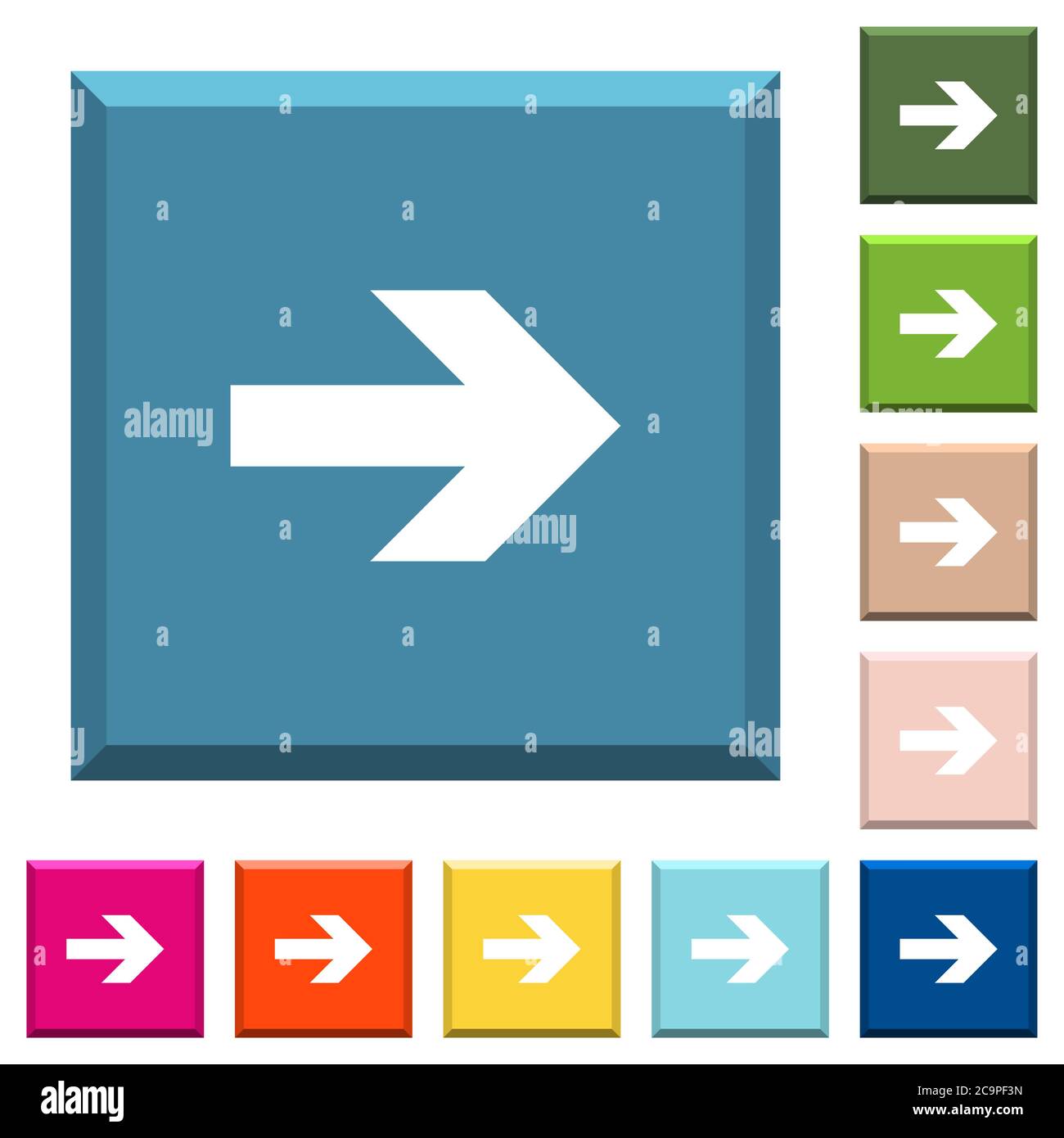 Right arrow white icons on edged square buttons in various trendy ...