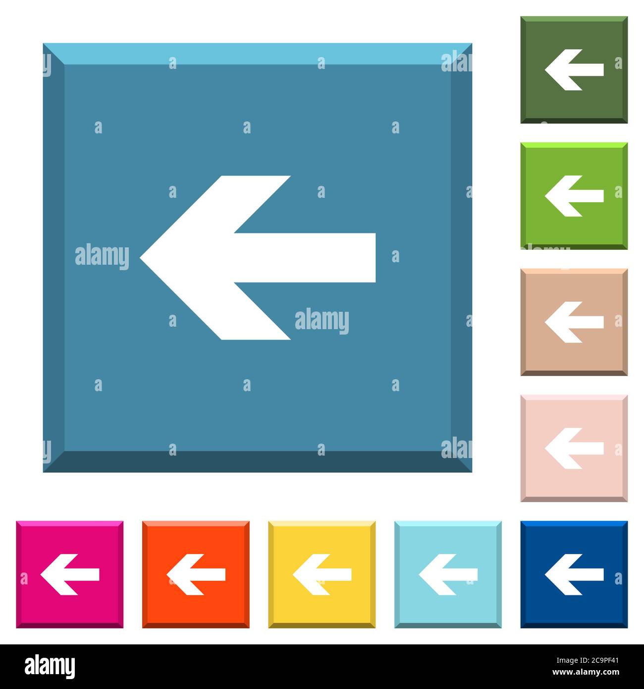 Left arrow white icons on edged square buttons in various trendy colors ...