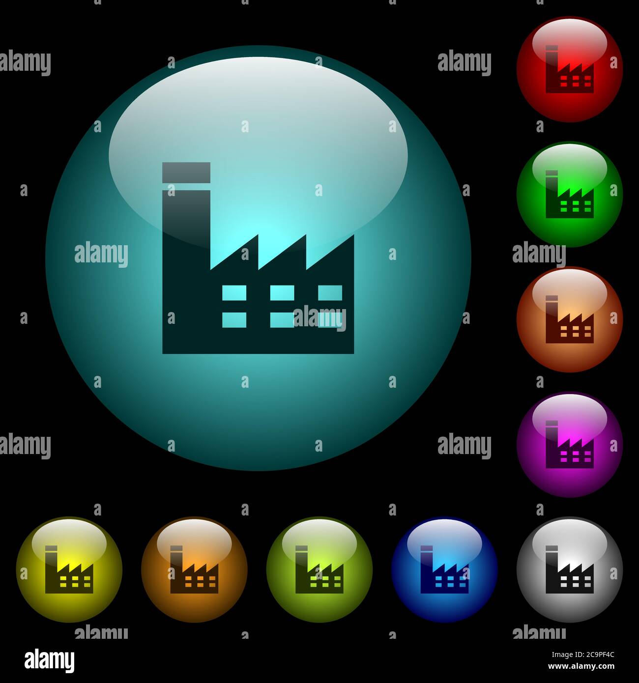 Factory building icons in color illuminated spherical glass buttons on ...