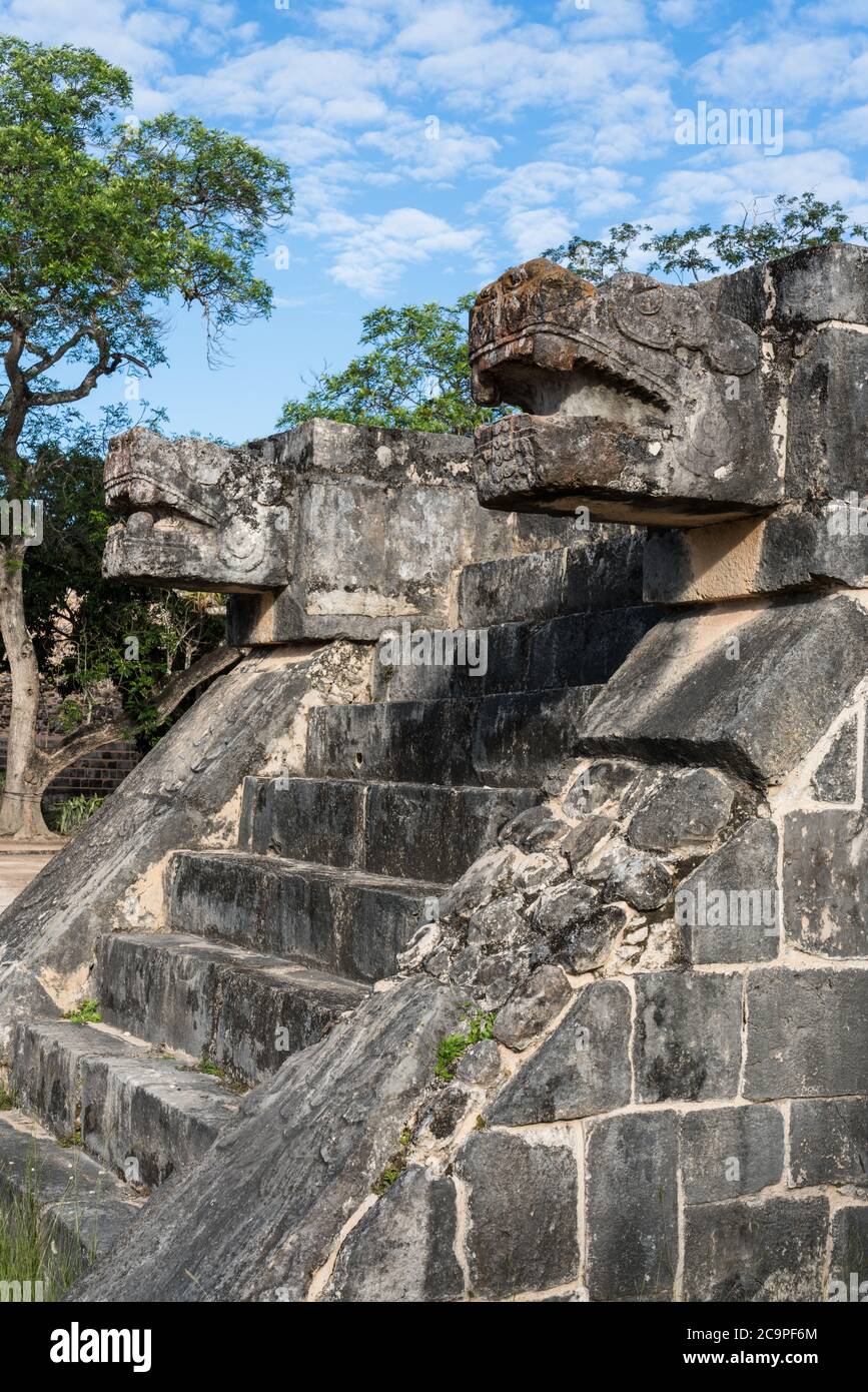 Stone jaguar heads on the Platform of the Eagles and Jaguars, built in ...