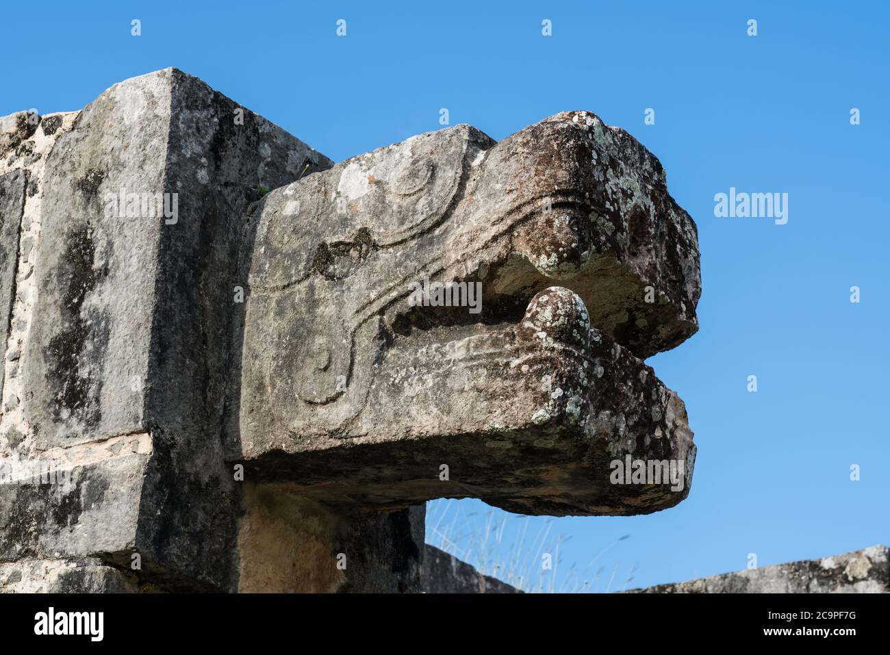 Stone jaguar heads on the Platform of the Eagles and Jaguars, built in ...