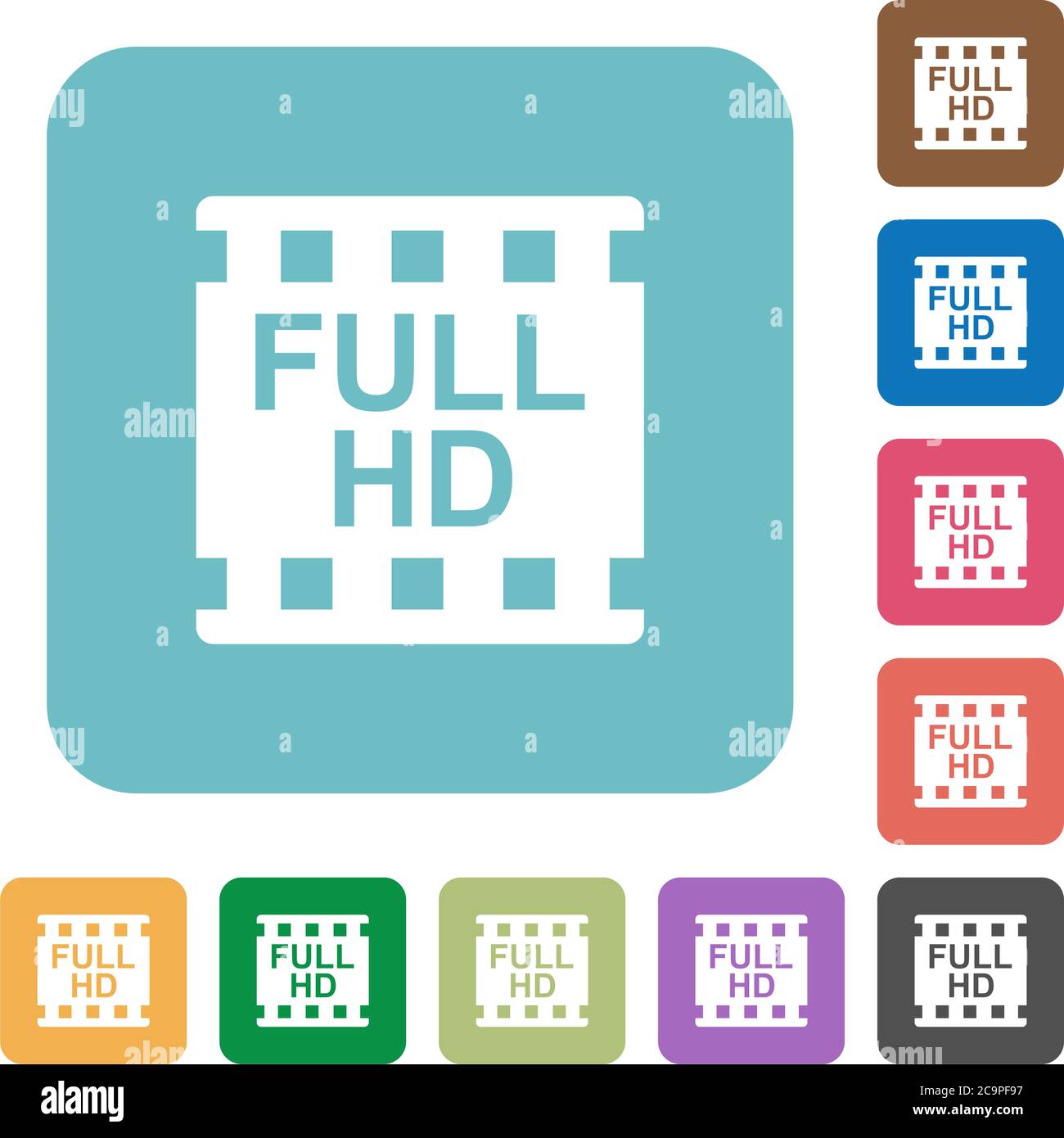 Full HD movie format white flat icons on color rounded square ...