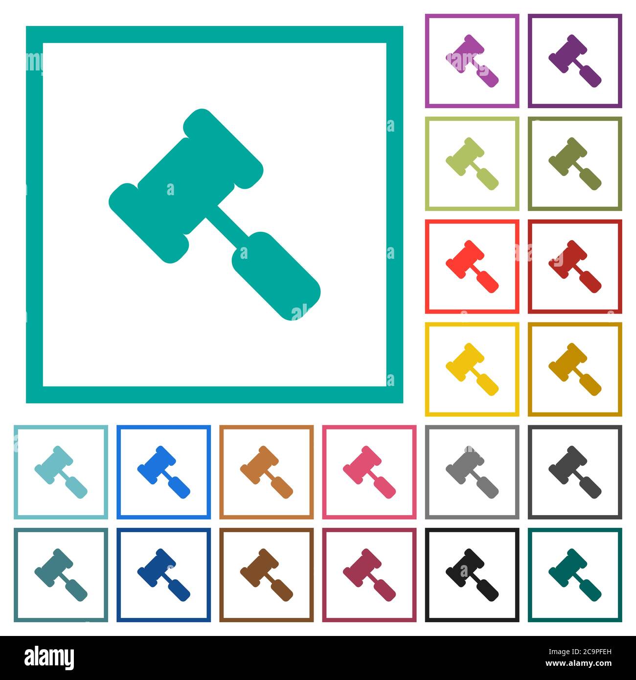 Judge hammer flat color icons with quadrant frames on white background ...