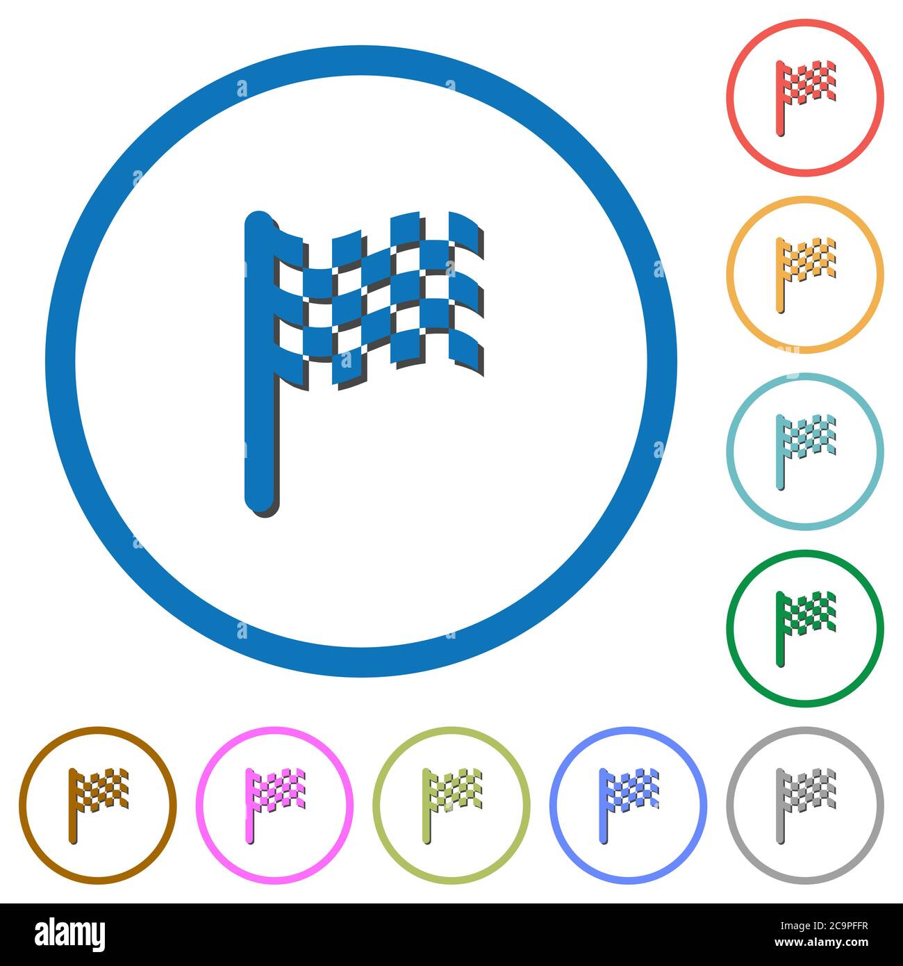 Race flag flat color vector icons with shadows in round outlines on ...