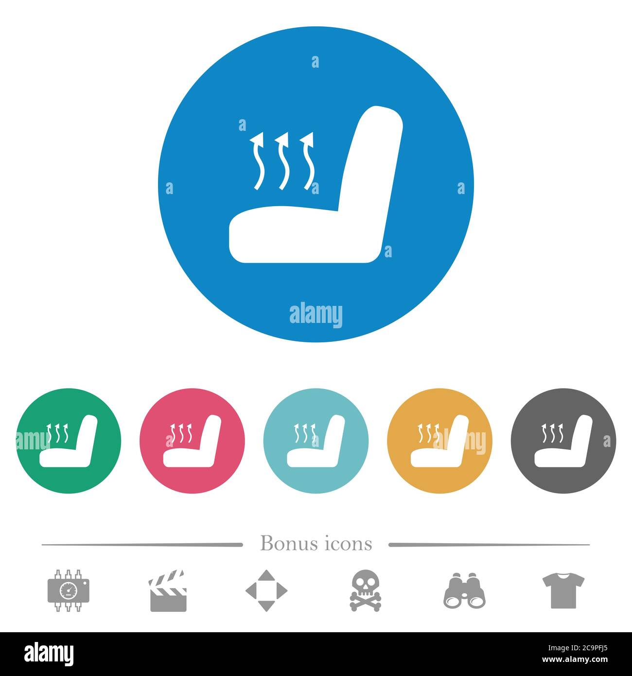 Car seat heating flat white icons on round color backgrounds. 6 bonus ...