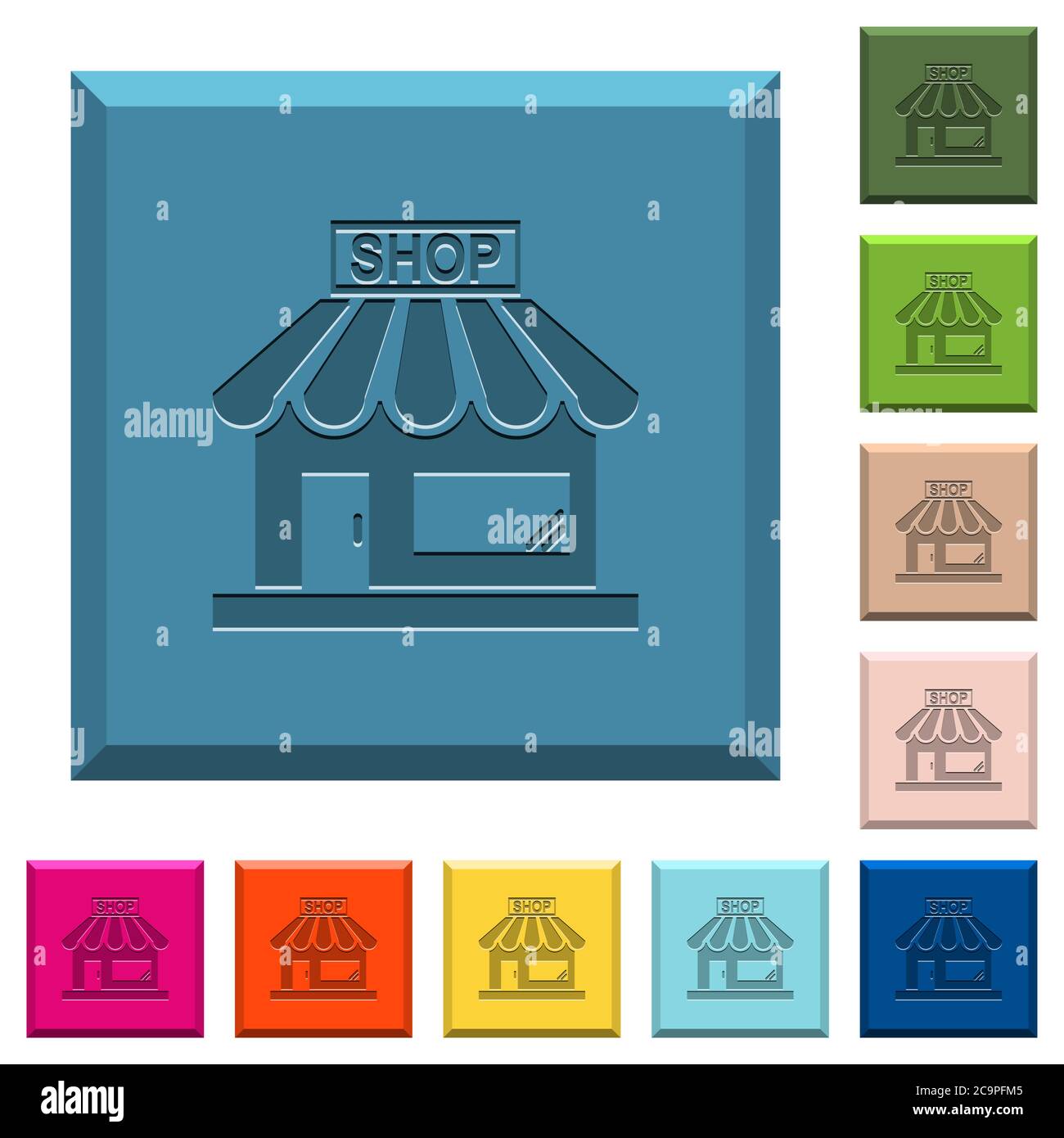 Store front engraved icons on edged square buttons in various trendy ...