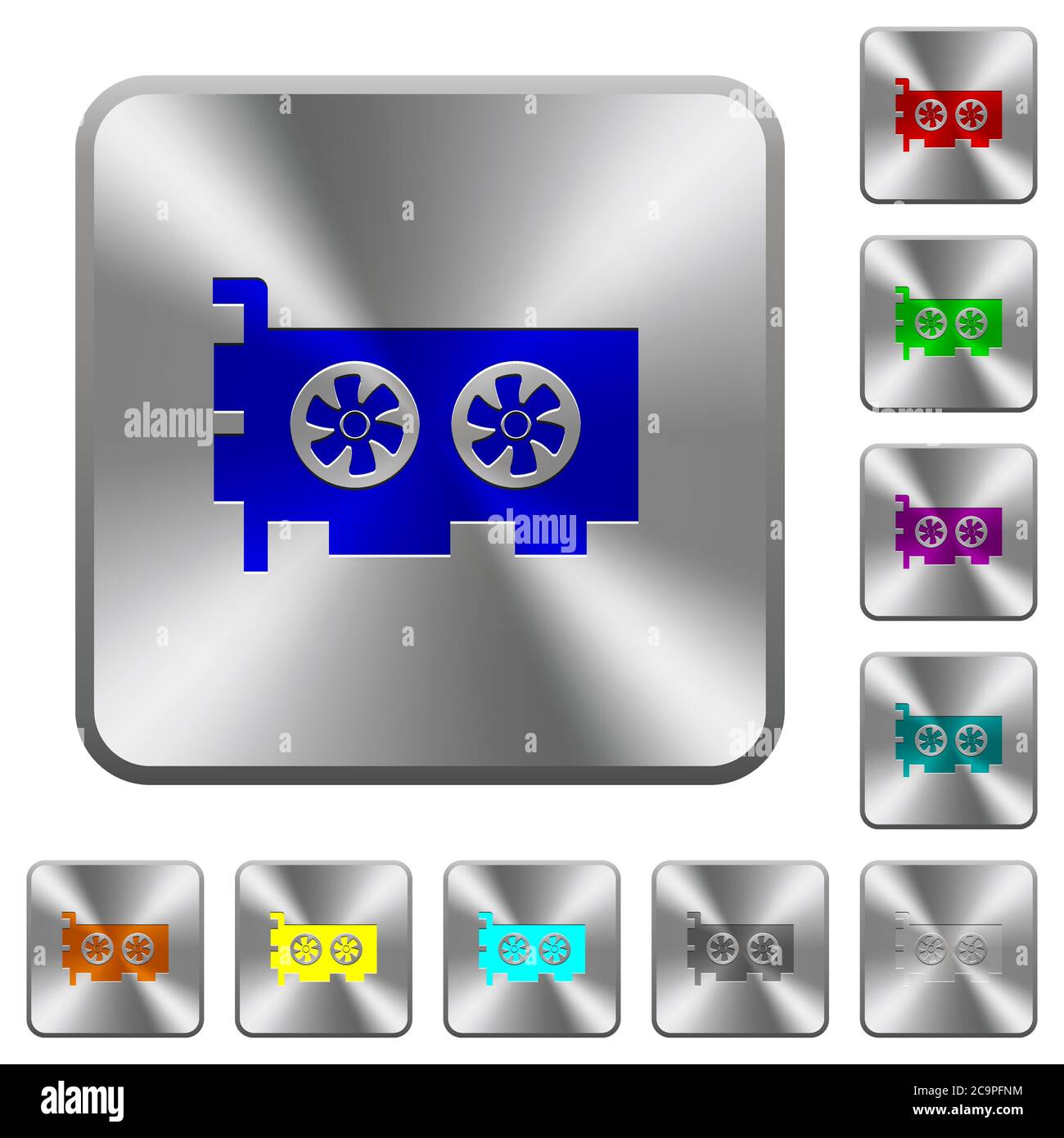 Computer video card engraved icons on rounded square glossy steel ...
