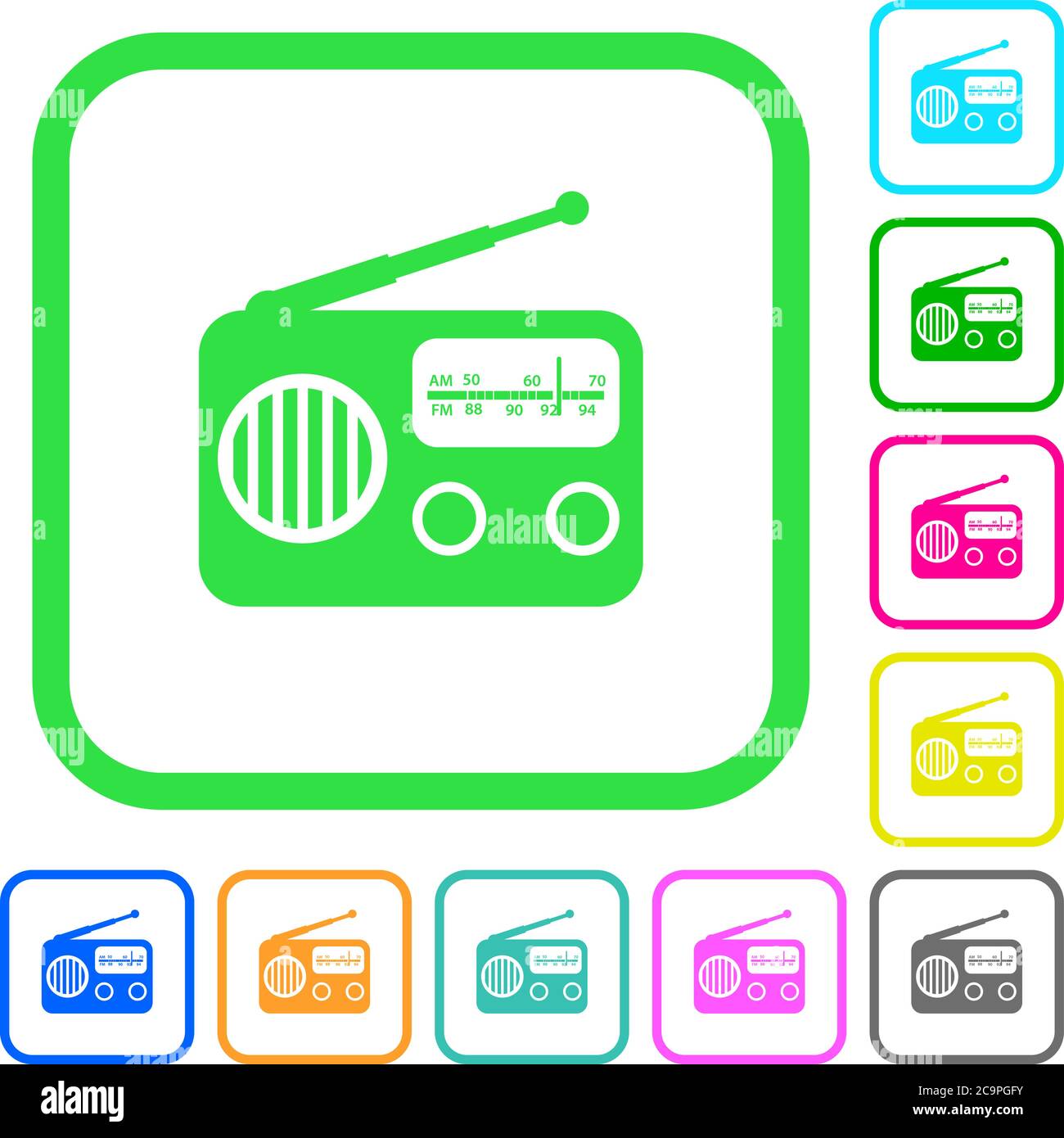 Vintage retro radio vivid colored flat icons in curved borders on white ...
