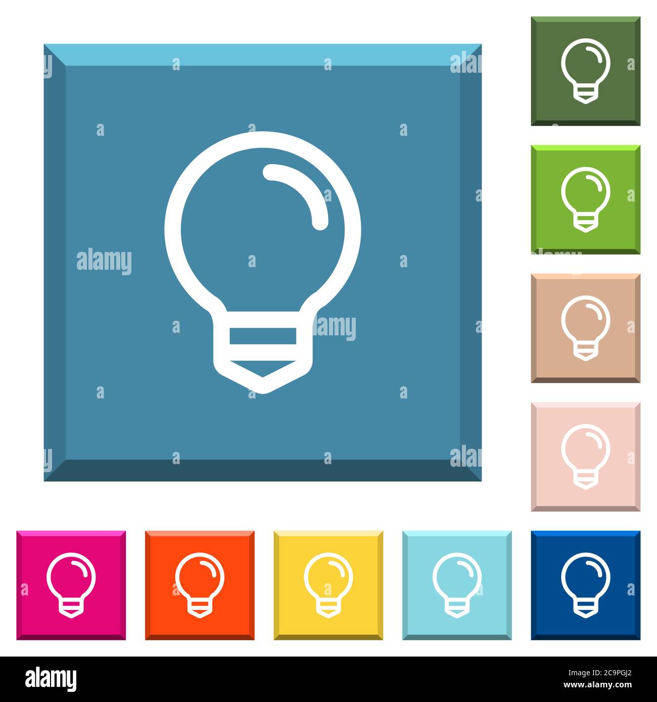 Light bulb white icons on edged square buttons in various trendy colors ...