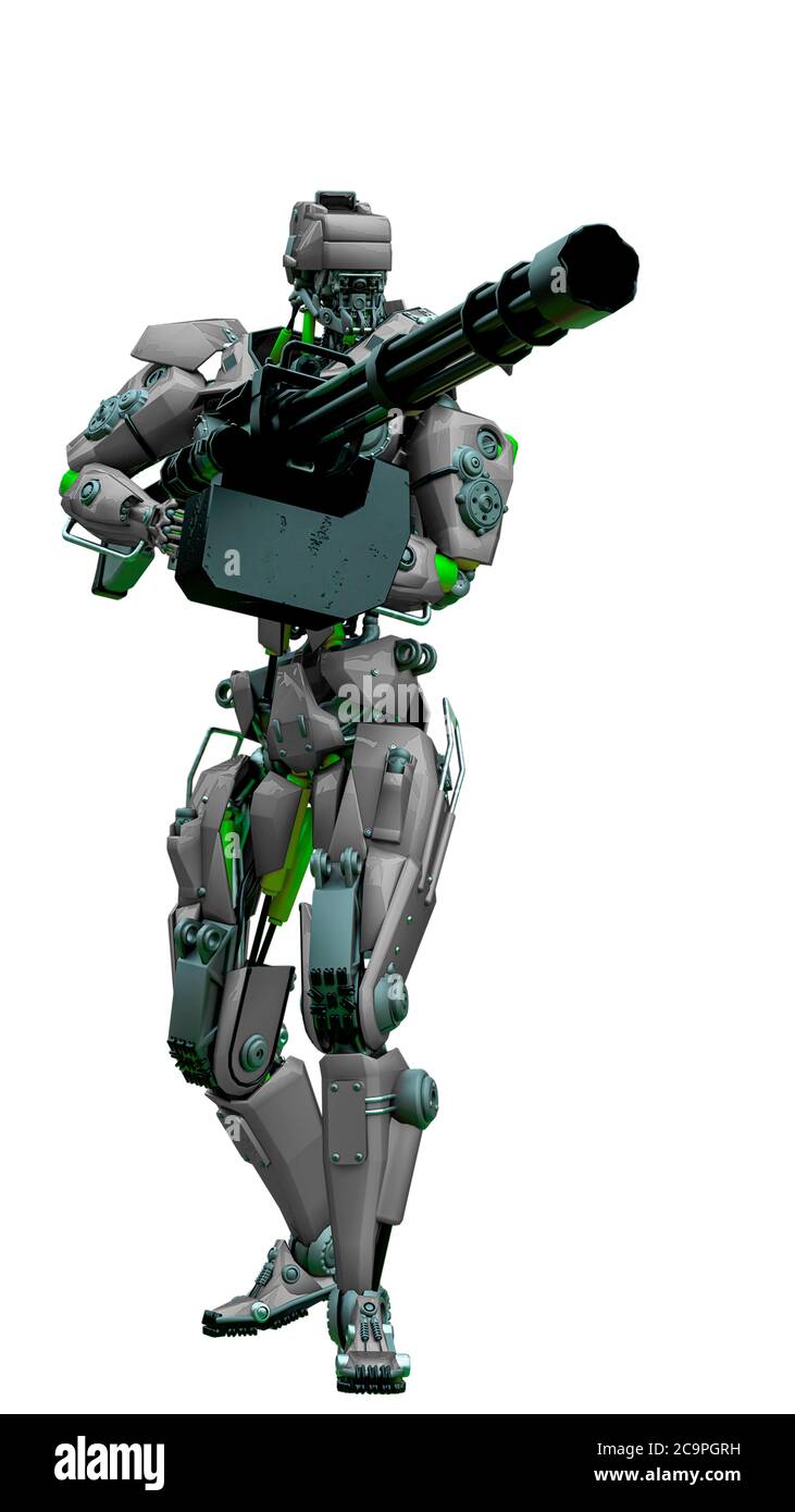 mechanical soldier holding a huge machine gun, 3d illustration Stock ...