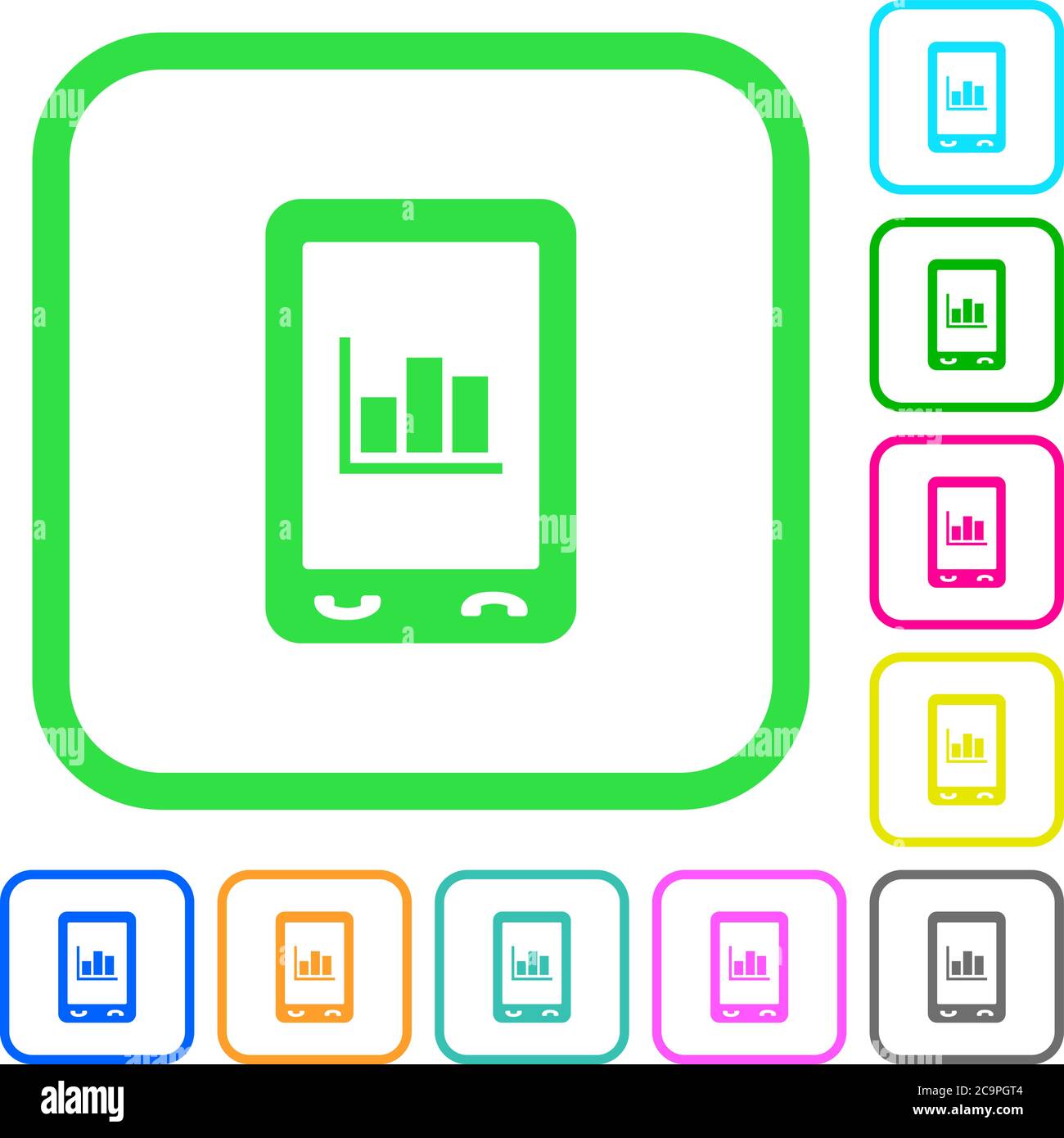Mobile statistics vivid colored flat icons in curved borders on white ...