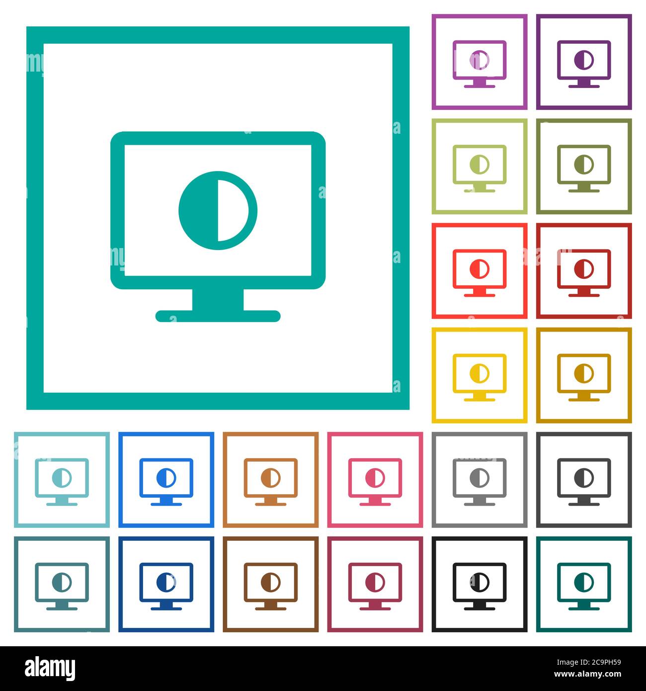 Adjust screen contrast flat color icons with quadrant frames on white ...