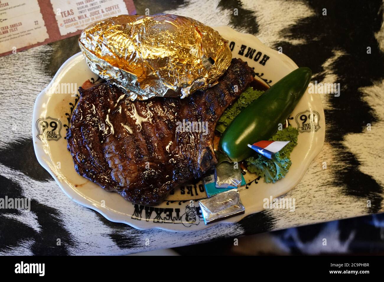 Amarillo, TX, USA. 31st July, 2020. A steak on a plate at the Big Texan ...