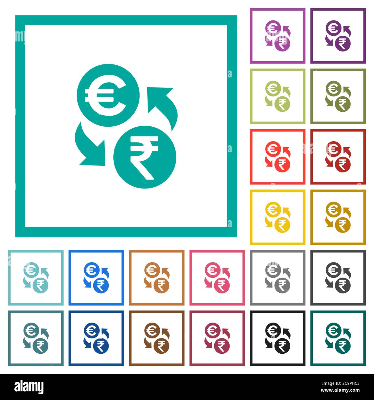 Euro Rupee money exchange flat color icons with quadrant frames on ...