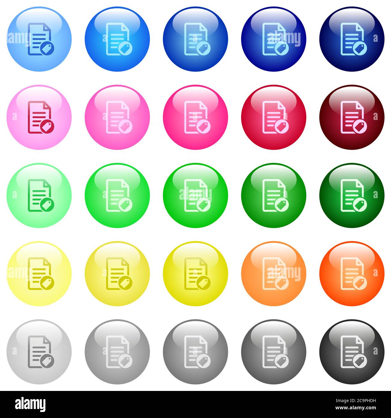 Tagging document icons in set of 25 color glossy spherical buttons ...
