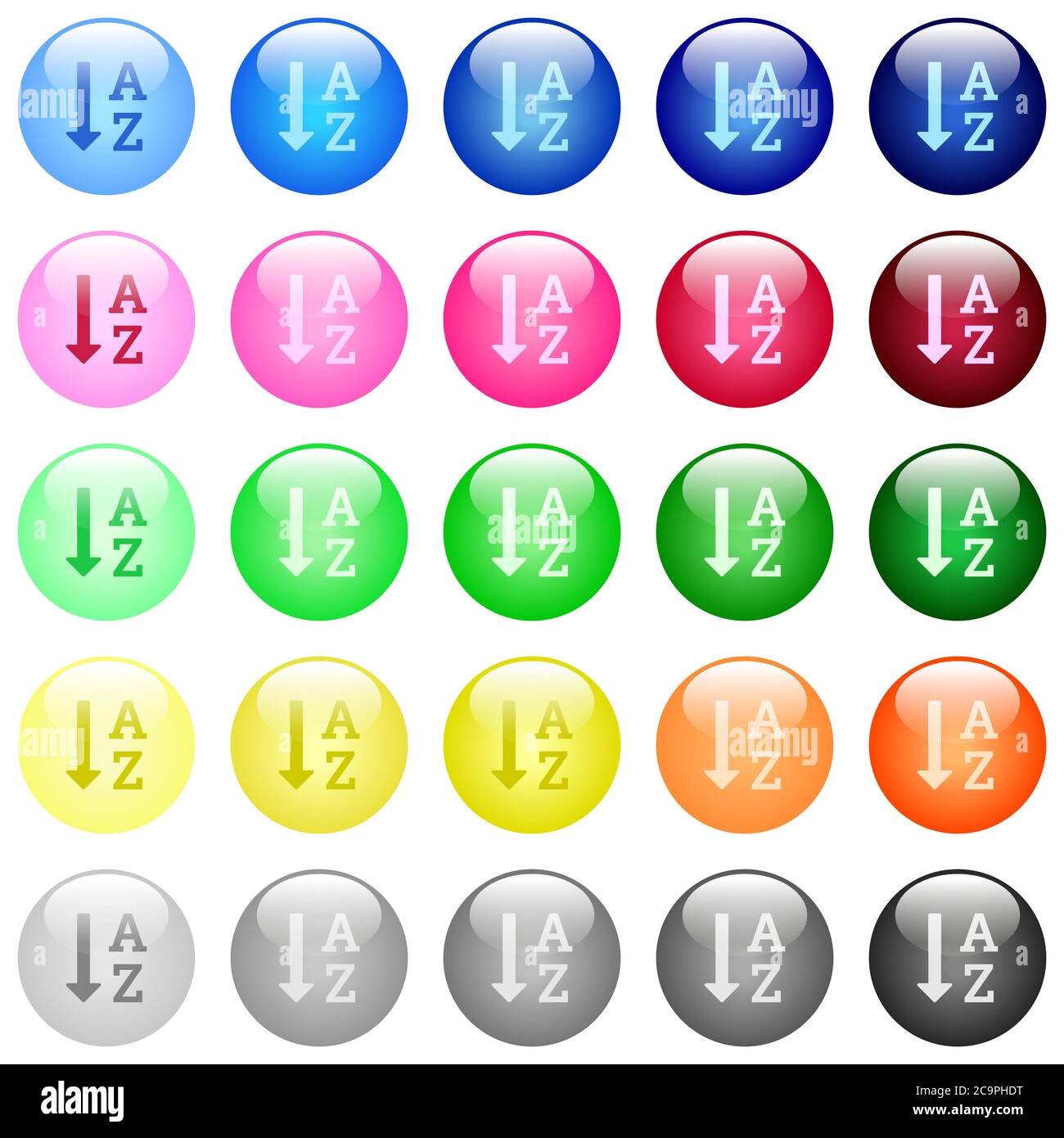 Alphabetically ascending ordered list icons in set of 25 color glossy ...