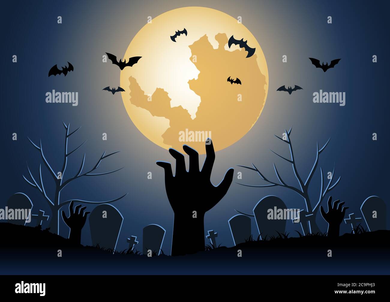 Halloween background with zombie hand raise from underworld on ...