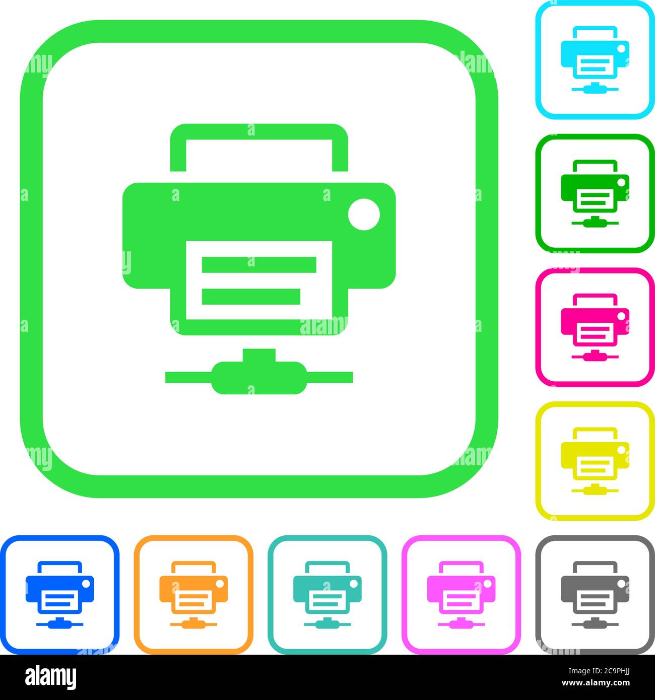 Network printer vivid colored flat icons in curved borders on white ...